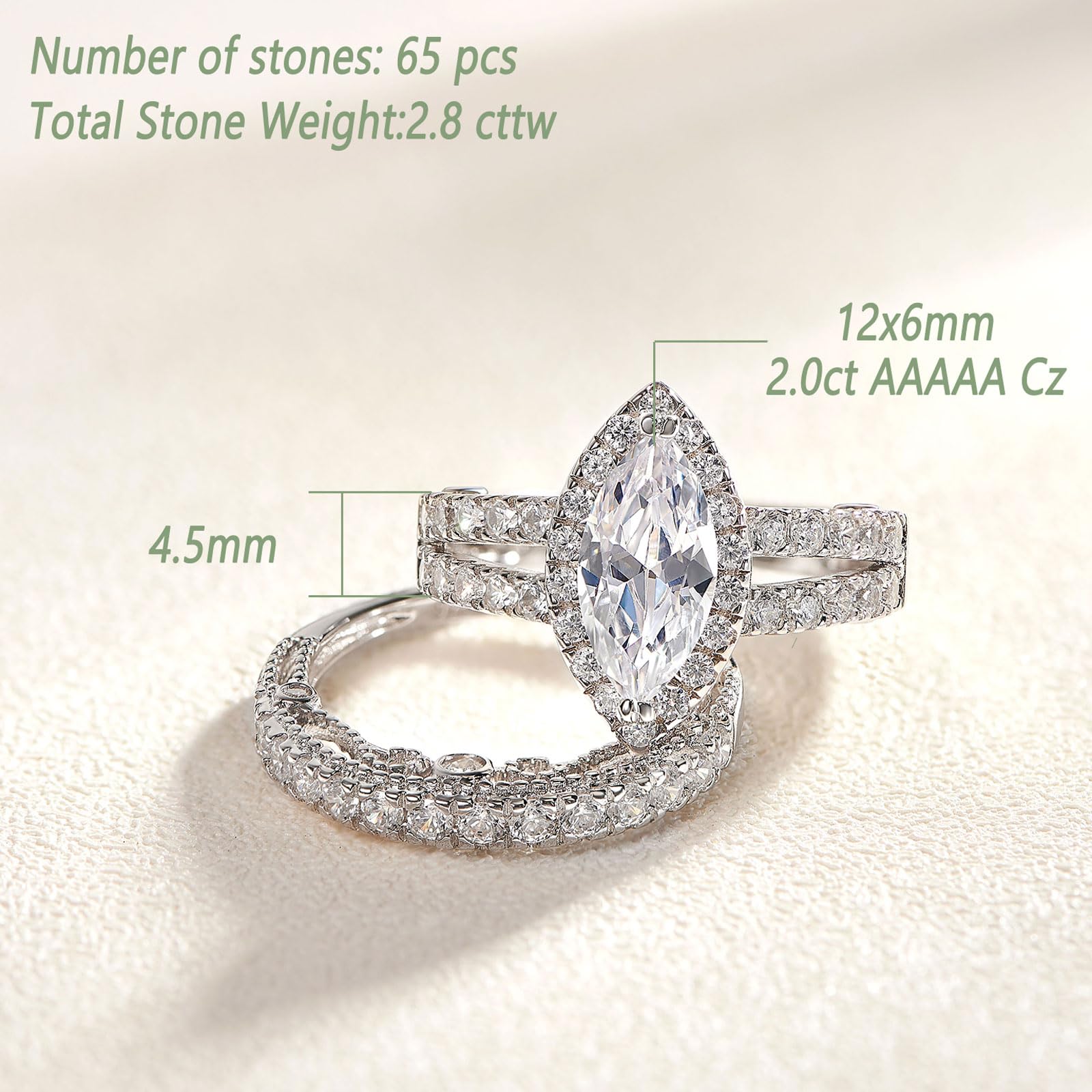 Wuziwen 2 Carats Sterling Silver Marquise Cut Wedding Ring Sets Promise Rings for Women CZ Size 7
