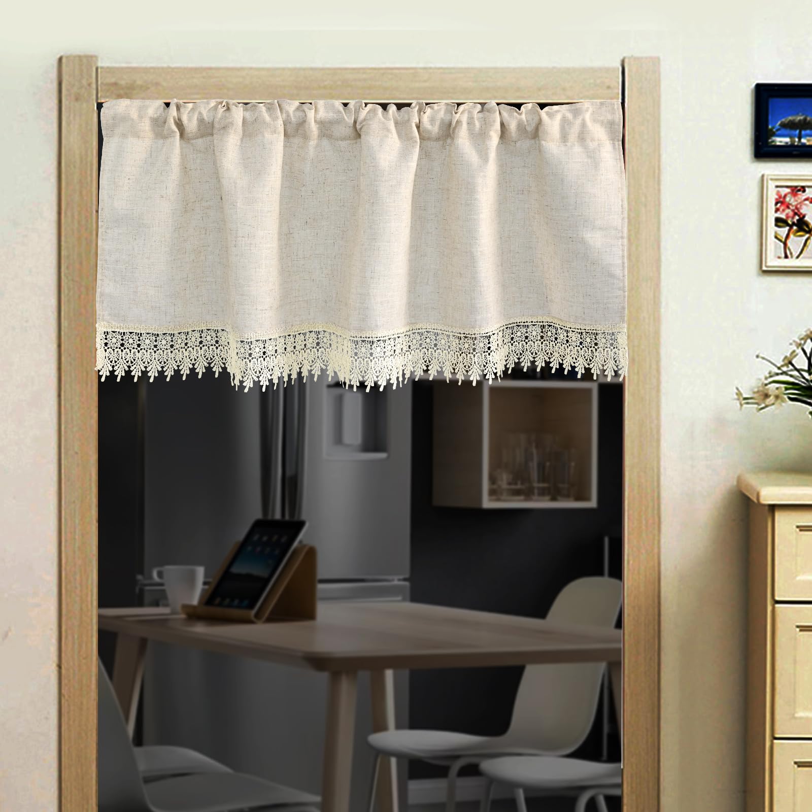 SFJ-CA White Window Valance with Tassels Polyester Linen 17 x 59 inches Short Curtain for Living Room Cafe Rod Pocket Elegant Window Treatment Decor