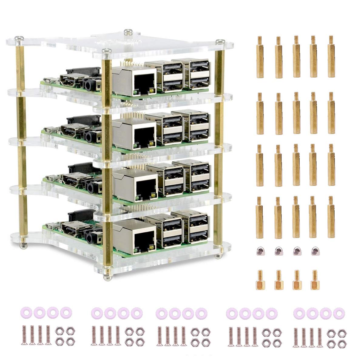 Techson 4 Layers Clear Acrylic Rack Case for Raspberry Pi 4B / 3B / 3B+ Model, Mount Blade Server, Stackable Cluster Plate Shelf