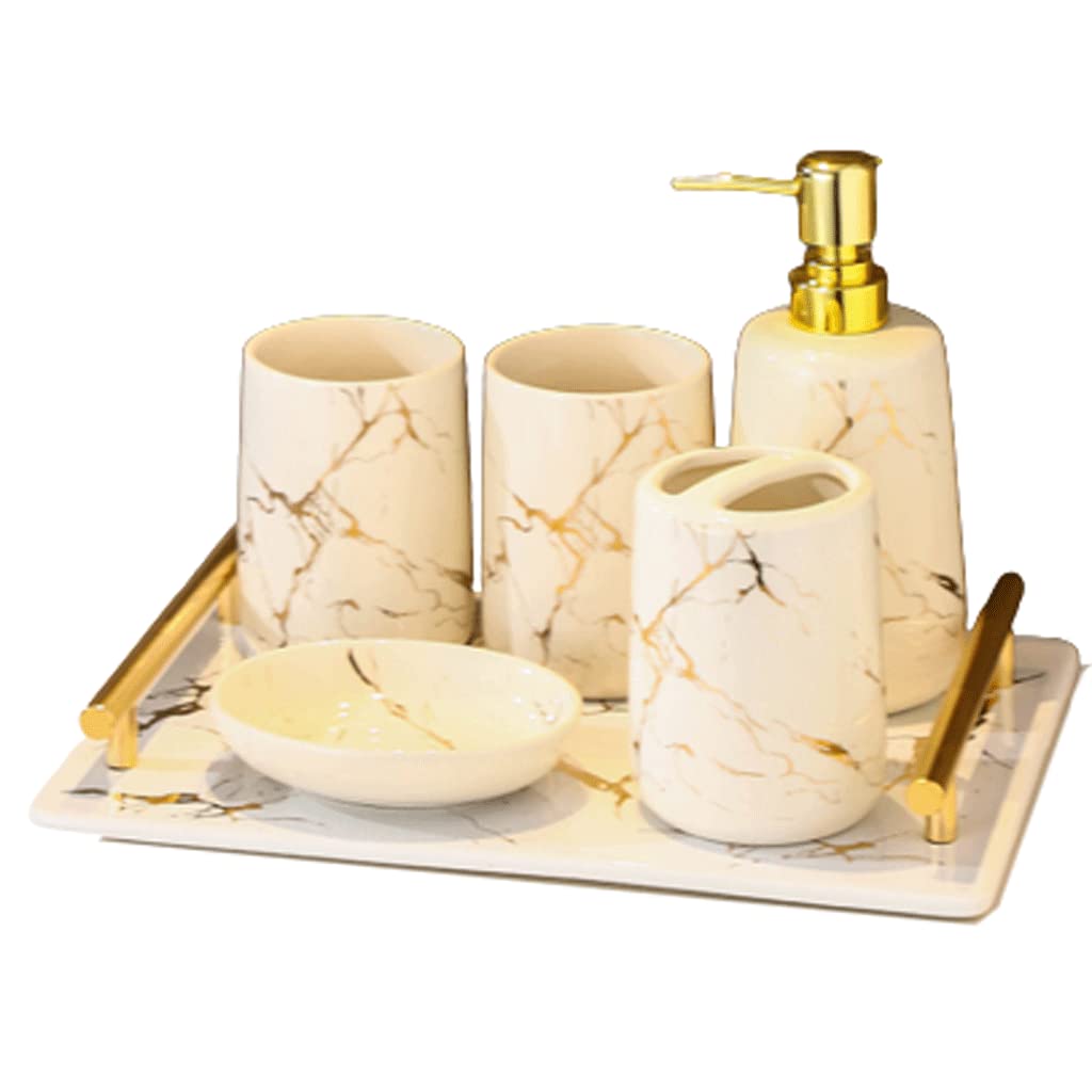 UTOYA Durable Marble Texture Bathroom Accessory Set,Gorgeous Ceramic Soap Dispenser Green-Tray,Toothbrush Holder,Tumbler for Bathroom Counter Replacement