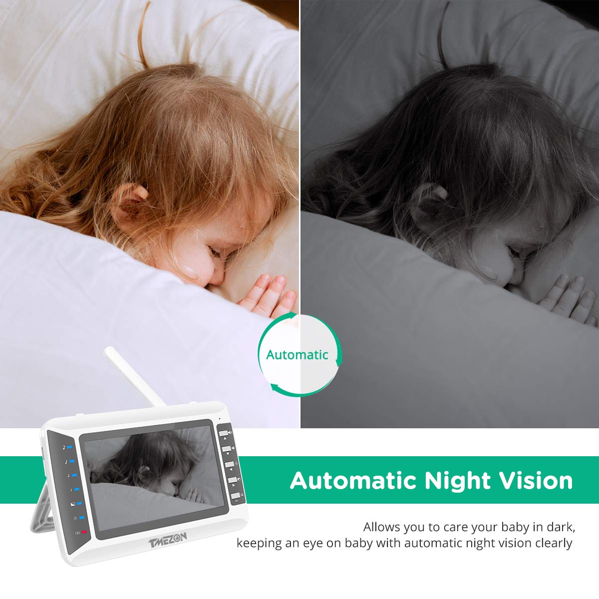 TMEZON Video Baby Monitor with Two Cameras and 4.3" LCD,Auto Night Vision,Two-Way Talkback,Temperature Detection,Power Saving/Vox,Zoom in,Support Multi Camera Feeding Time Alarm
