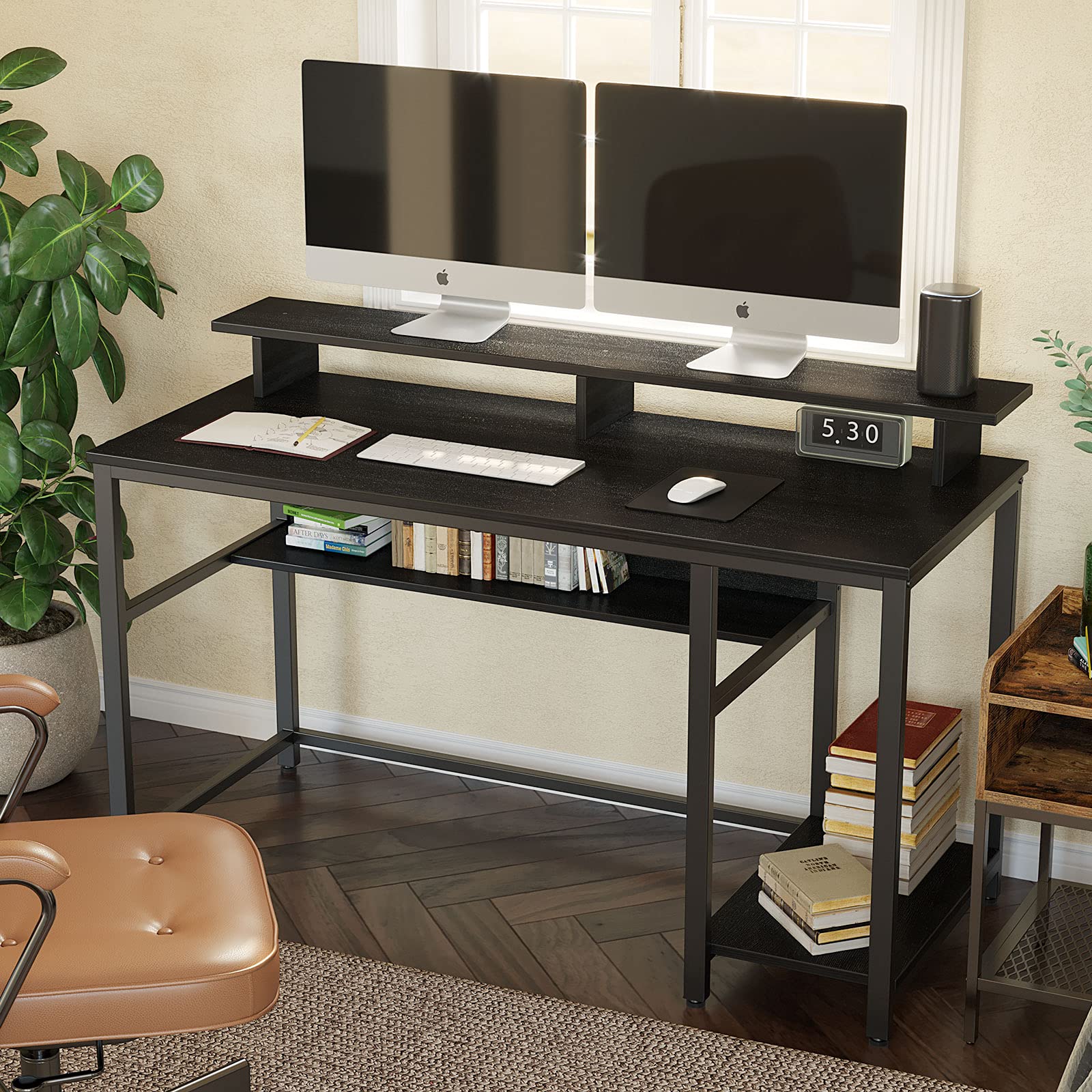 Rolanstar Computer Desk with Monitor Shelf, 55" Home Office Desk, Study Writing Desk, Sturdy Table, Workstation, Stable Metal Frame, Black