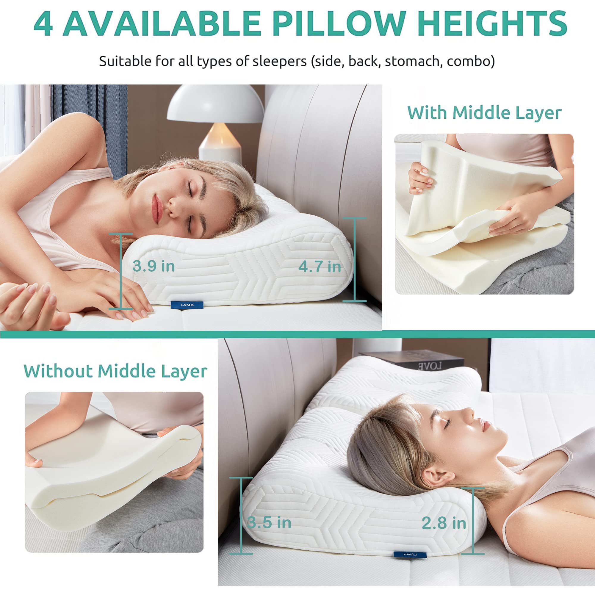 Sandwich Memory Foam Pillows for Neck Pain Relief, Ergonomic Cervical Neck Pillow for Sleeping, Orthopedic Pillow for Neck and Shoulder Pain, Adjustable Contour Pillow for Side, Back&Stomach Sleepers