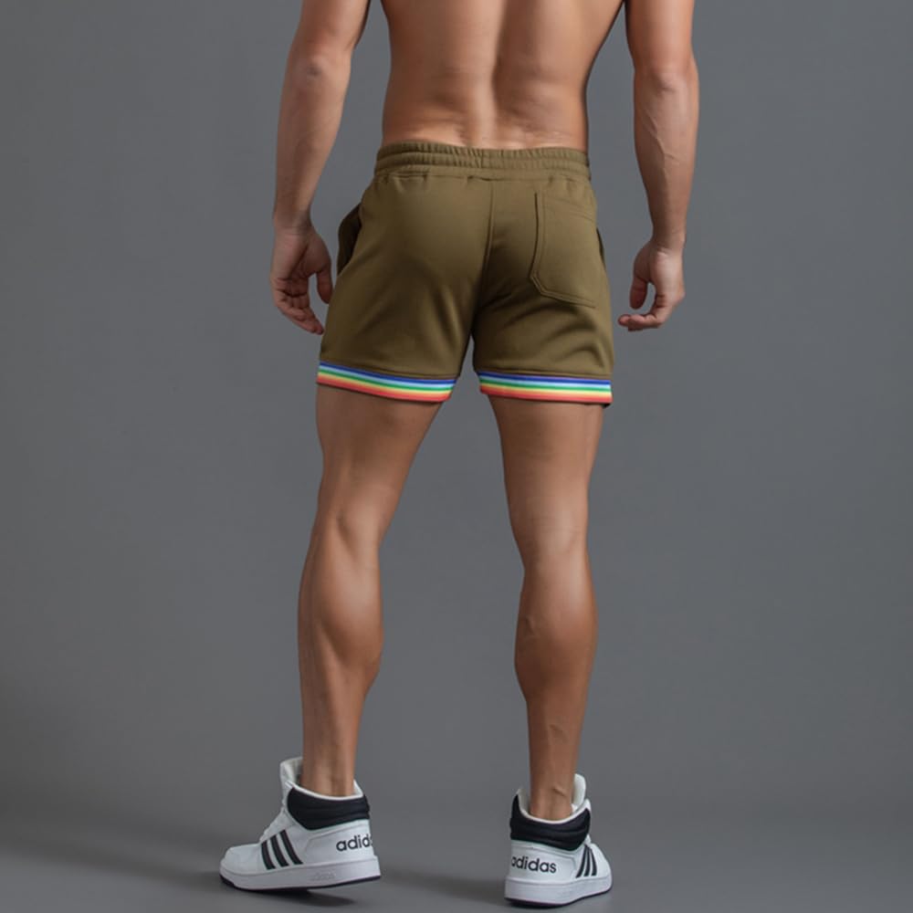 Rexcyril Men's Athletic Workout Running Shorts 5" Gym Bodybuilding Rainbow Stripe Cotton Shorts with Pockets, Army Green, Small