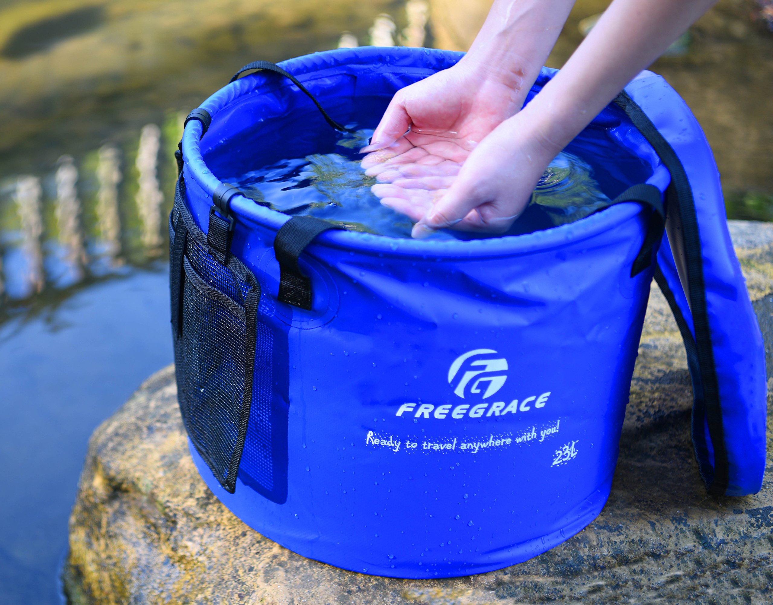 Premium Collapsible Bucket by Freegrace - Compact Portable Folding Water Container - Lightweight & Durable - Includes Handy Tool Mesh Pocket (Navy Blue(Upgraded), 23L (Lid))