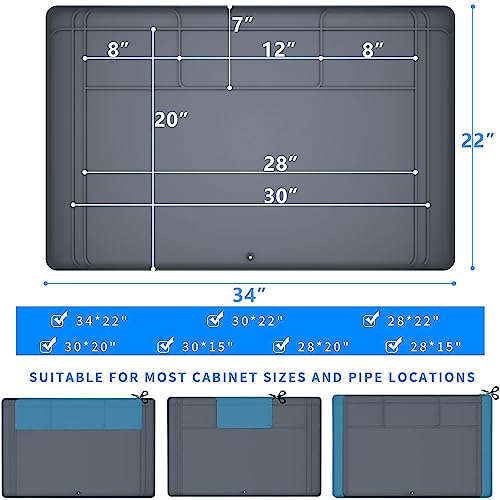 Under Sink Mats for Kitchen Waterproof, 34" X 22" Or Smaller Cut to Fit Under Sink Drip Tray for Kitchen Bathroom Cabinets, Silicone Sink Liner Hold Up to 3.3 Gallons Liquid - Dark Grey
