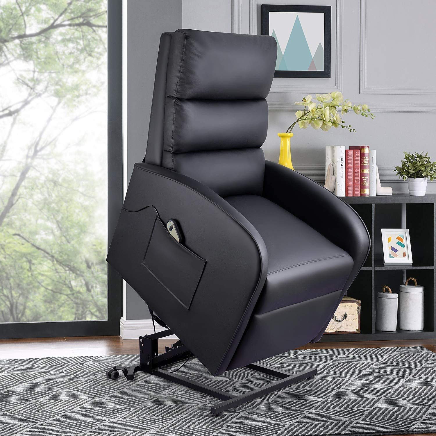 Pawnova Huge Thick Padded Seat Electric Power Lift Safety Device and Massage Function, PU Leather Living Room Single Sofa, Home Leisure Recliner Chair for Elderly People, 29.50"x 25.00"x 25.00", Black