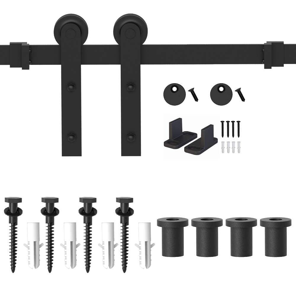 WINSOON 5FT Black Straight Design Sliding Roller Barn Single Wood Door Hardware Closet Track Kit with 30in x 84 in Sliding Barn Door