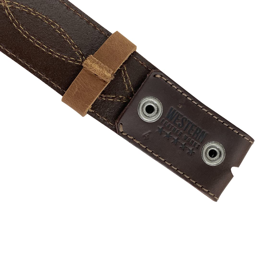 Western Leather Works, Rustic No Buckle Belt with Cowboy Stitching Handmade from Full Grain Leather - Snap On Belt (34)