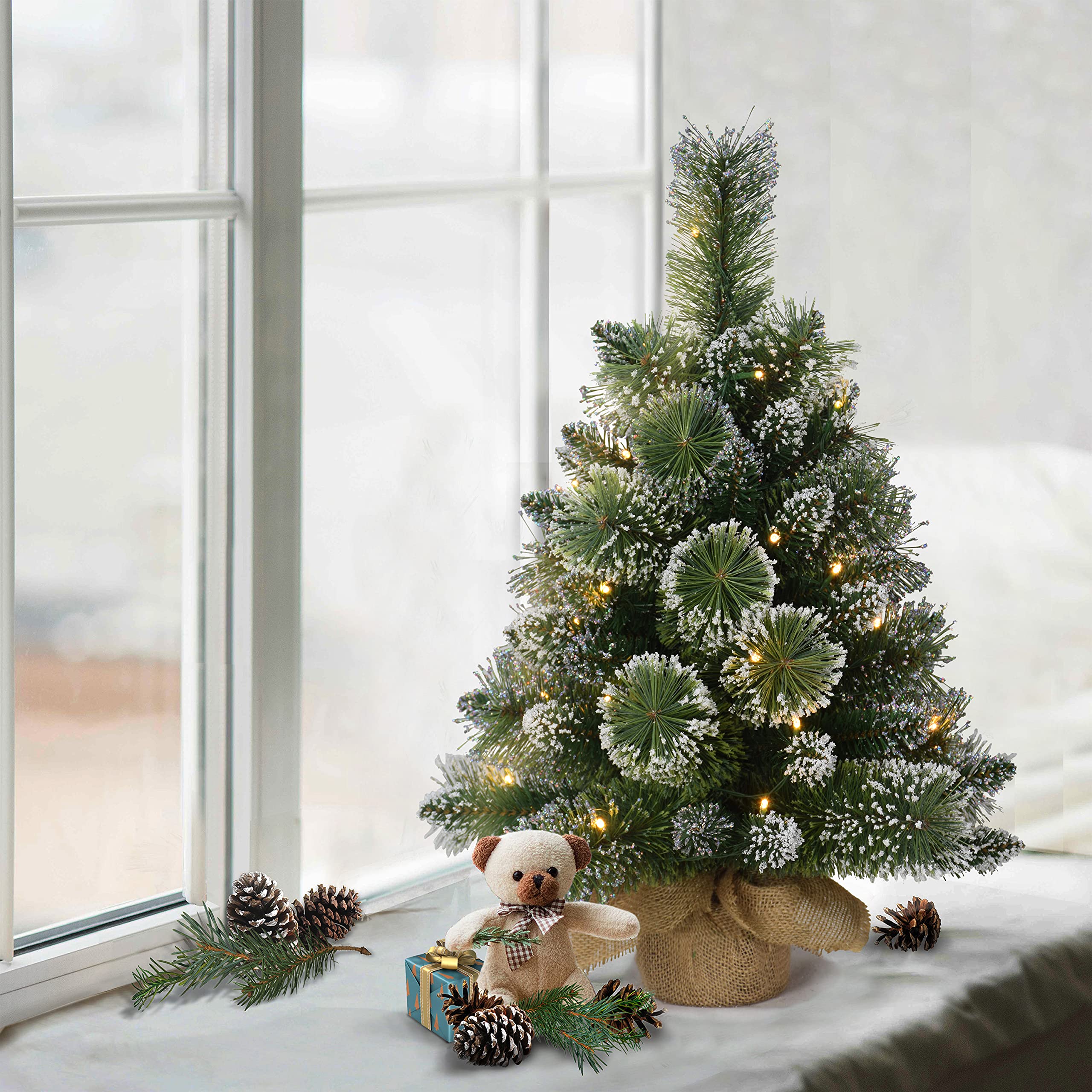 Puleo International Pre-Lit 2' Table Top Artificial Christmas Tree with 35 Lights in Tan Sac, Green