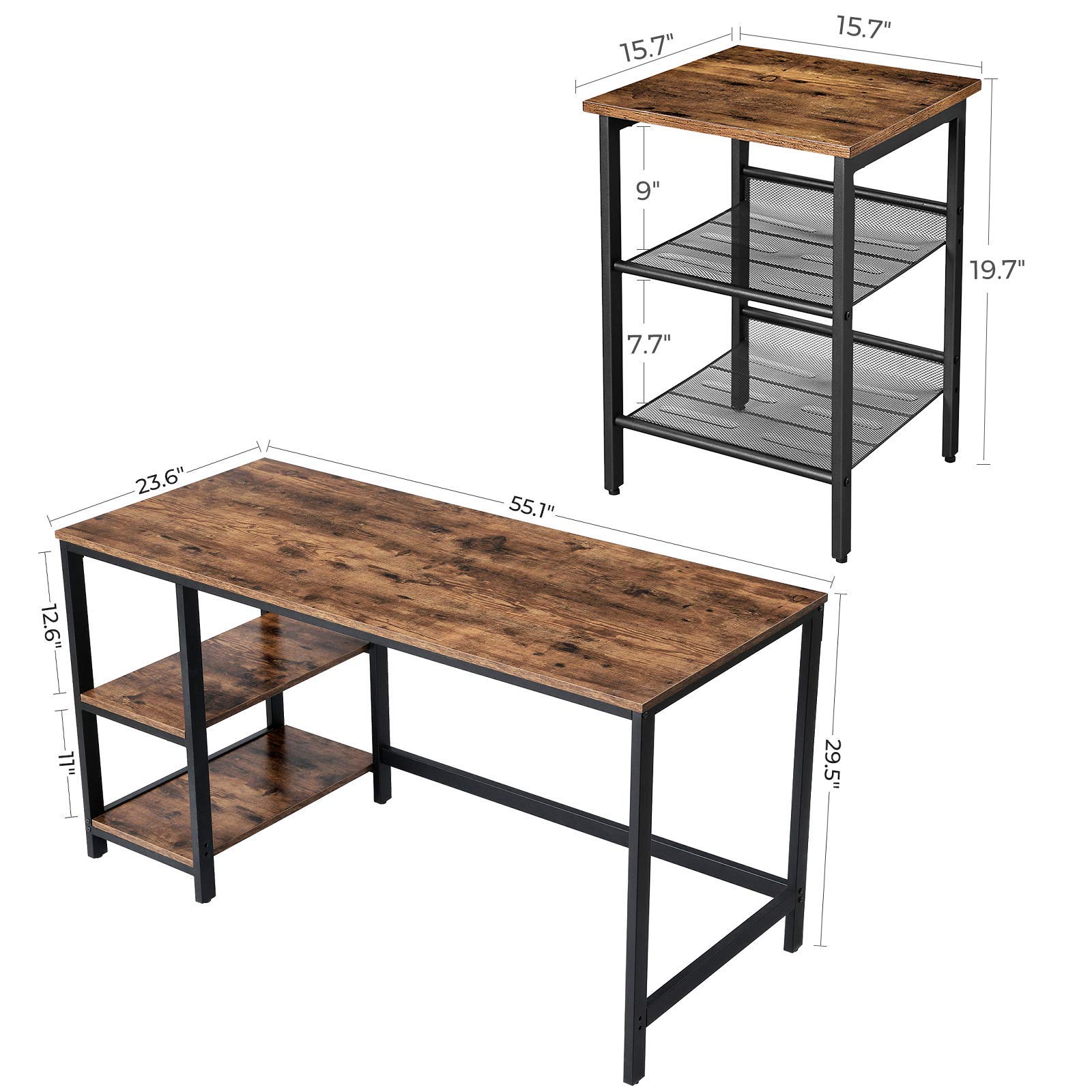 VASAGLE Computer Desk Bundle with Set of 2 Side Tables, Industrial Style Office Furniture Set with Stable Metal Frames, Shelving, Rustic Brown ULWD55X and ULET24X