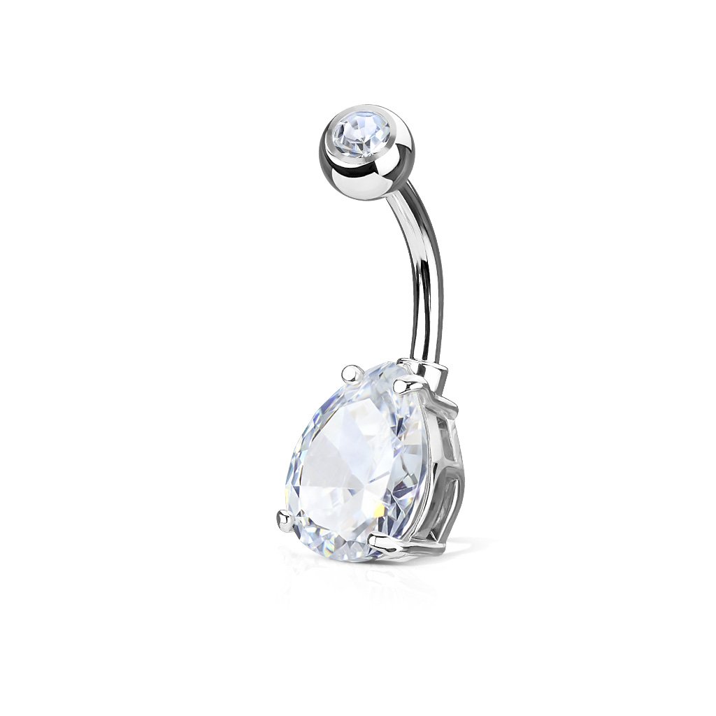 Pierced Owl 14GA Double Gemmed Teardrop CZ Crystal Belly Button Ring (Silver Tone / 10mm)