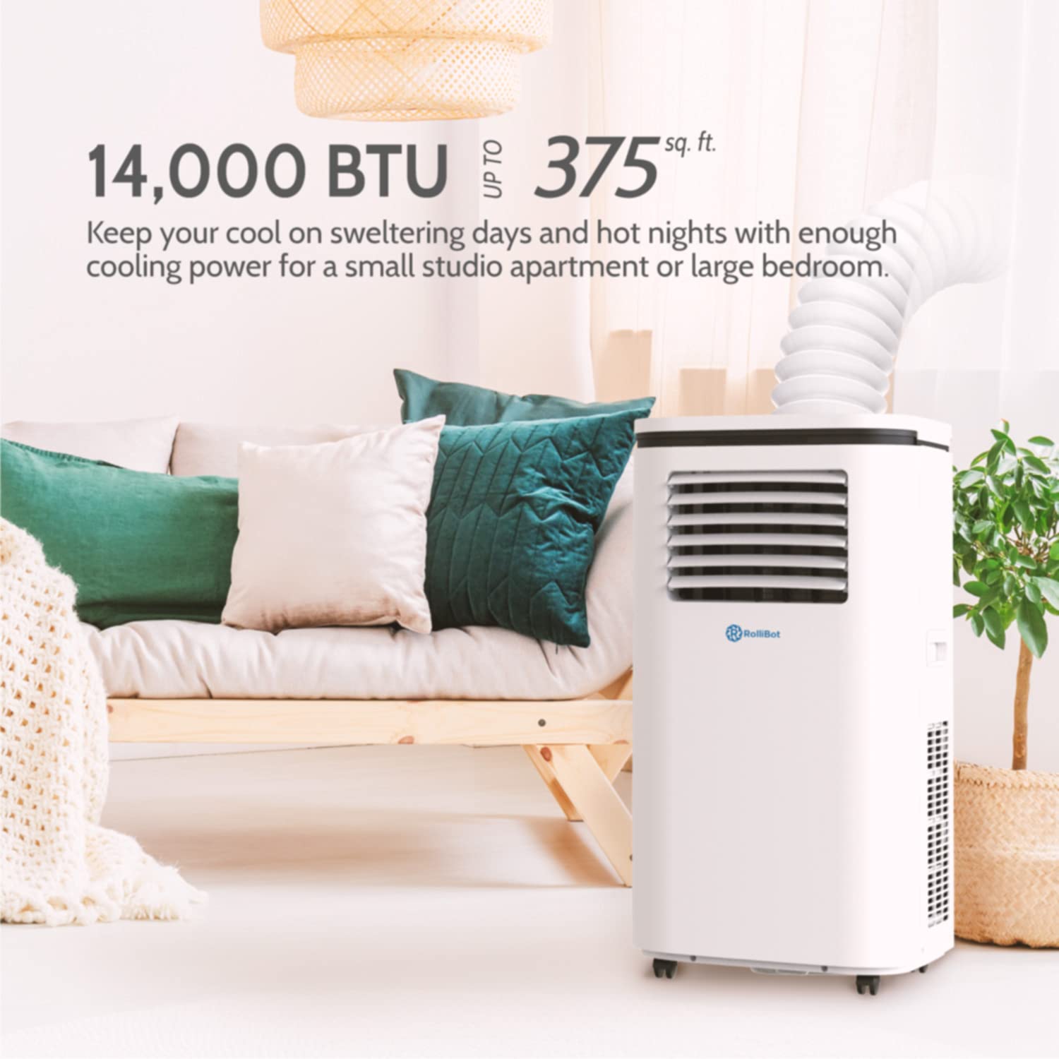 ROLLICOOL 14000 BTU Smart Portable Air Conditioner, Dehumidifier & Fan for Rooms up to 375 sq ft | Alexa-Ready Voice Commands, App, Dual-Band WiFi Support, Bluetooth, Easy Install
