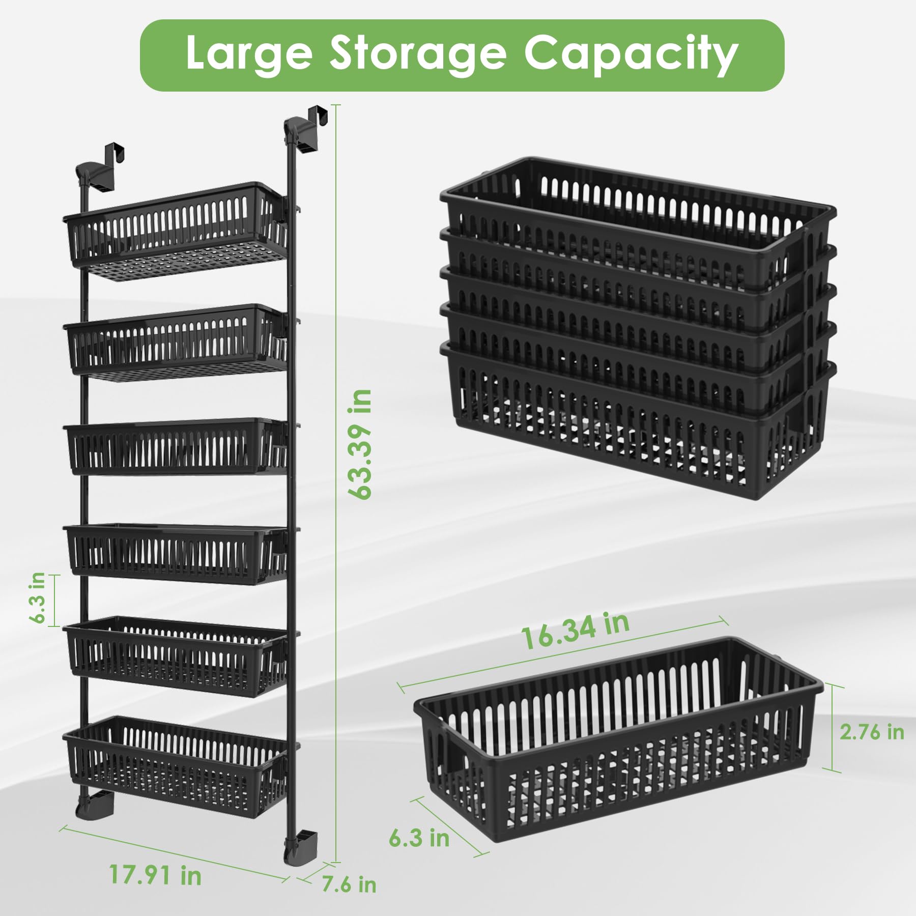 Pantry Door Organizer, Over the Door Pantry Organizer with 6-Tier Adjustable Baskets, Heavy-Duty Metal Wall Mounted Over the Door Spice Rack for Bathroom, Bedroom, Kitchen Organizers and Storage