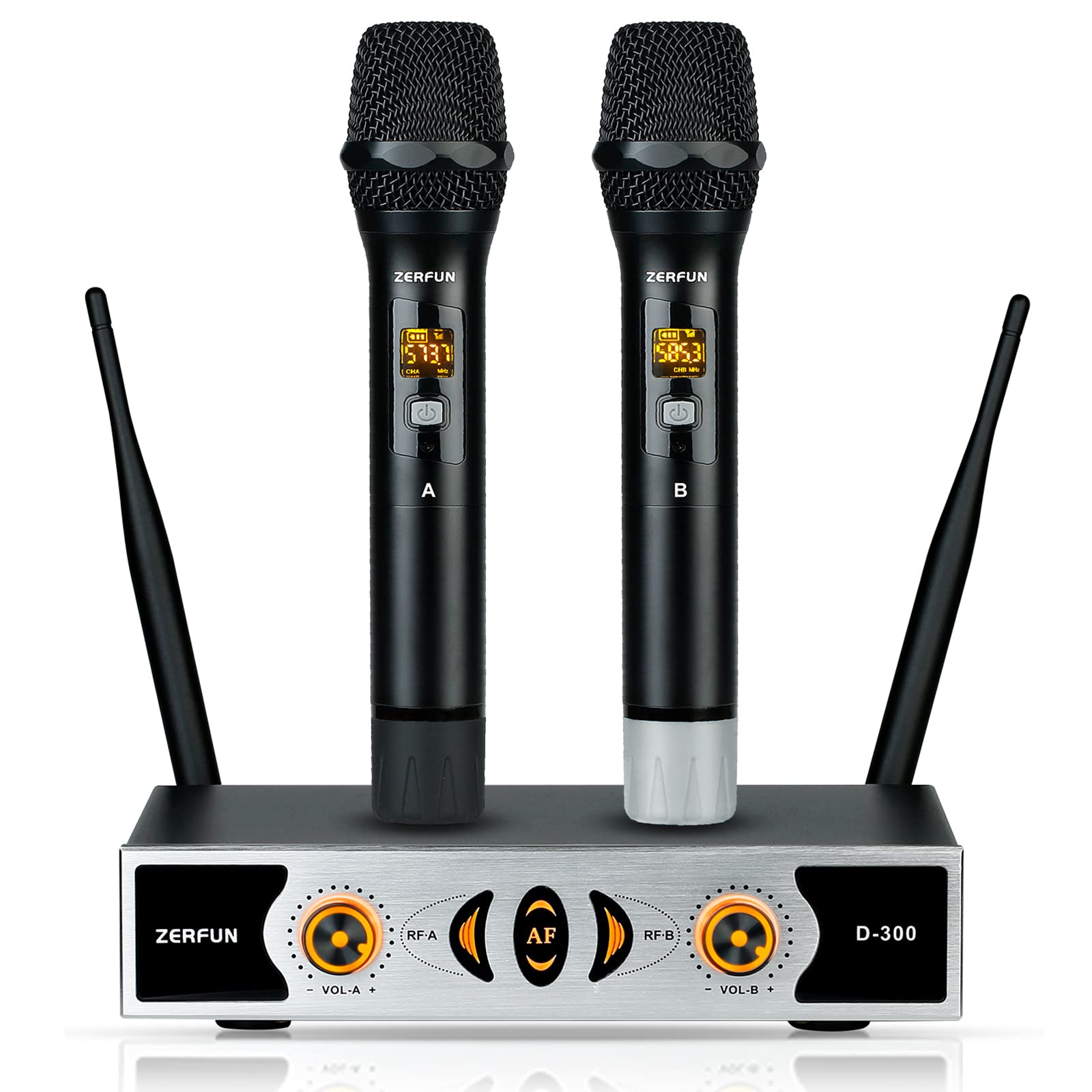 ZERFUN D-300 Wireless Microphones, UHF Wireless Microphone System, Dual Metal Handheld Wireless Mics Cordless Microphone for Singing Karaoke Church Conference, 100 UHF Adjustable Frequency, 200FT