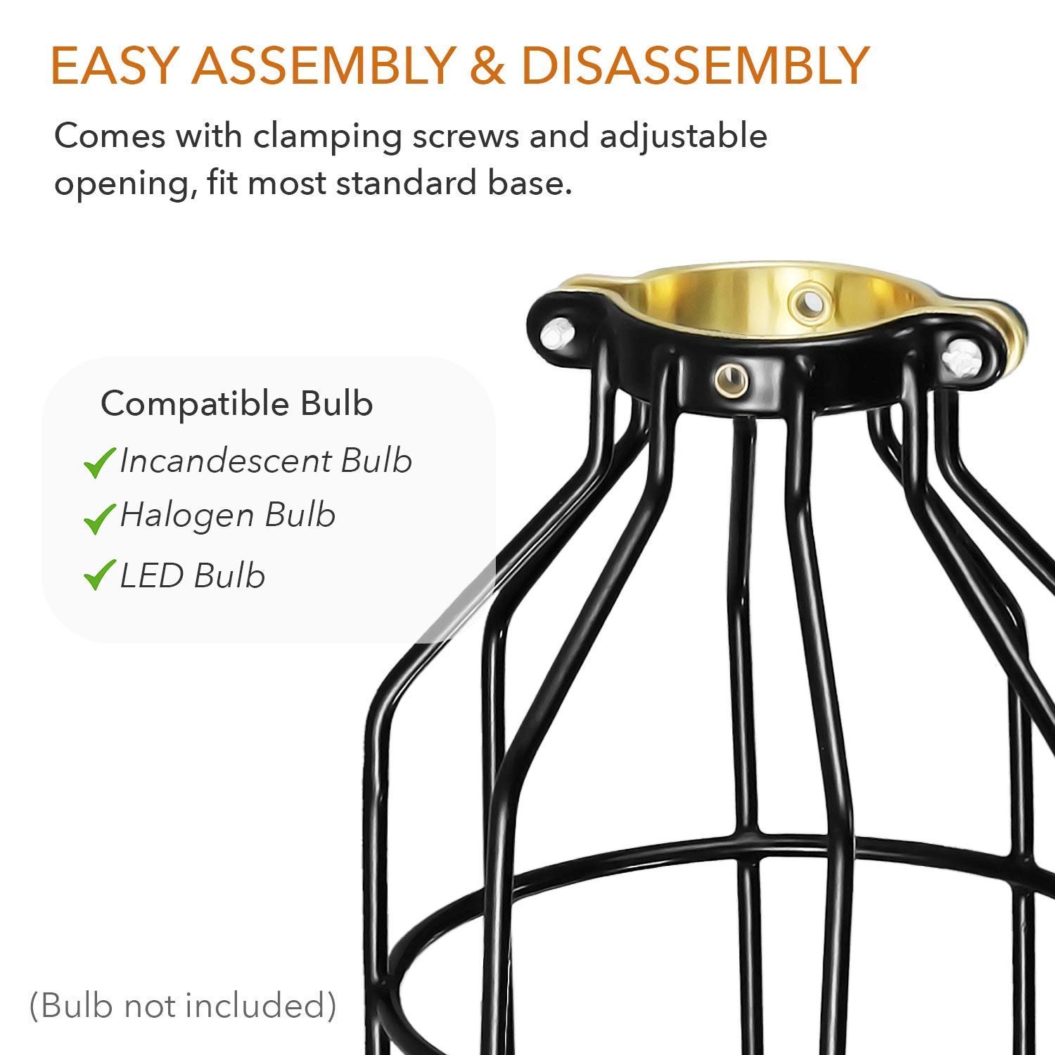 Simple Deluxe 2-Pack Adjustable Industrial Clamp on Metal Bulb Guard Cage for Pendant, Farmhouse Light Fixture, Vintage Lamp Shades and Hanging Lamp, Black