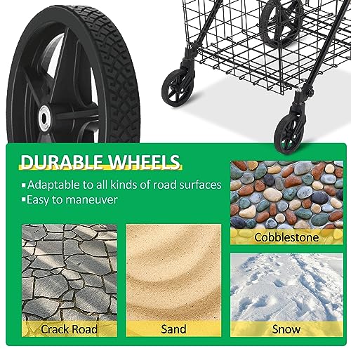 Spurgehom 2-Tier Shopping Cart with Wheels Folding Grocery Cart with Removable Double Baskets 360° Rolling Laundry Cart Compact Pet Stroller Utility Cart for Groceries with Oxford Cloth Liner, Black