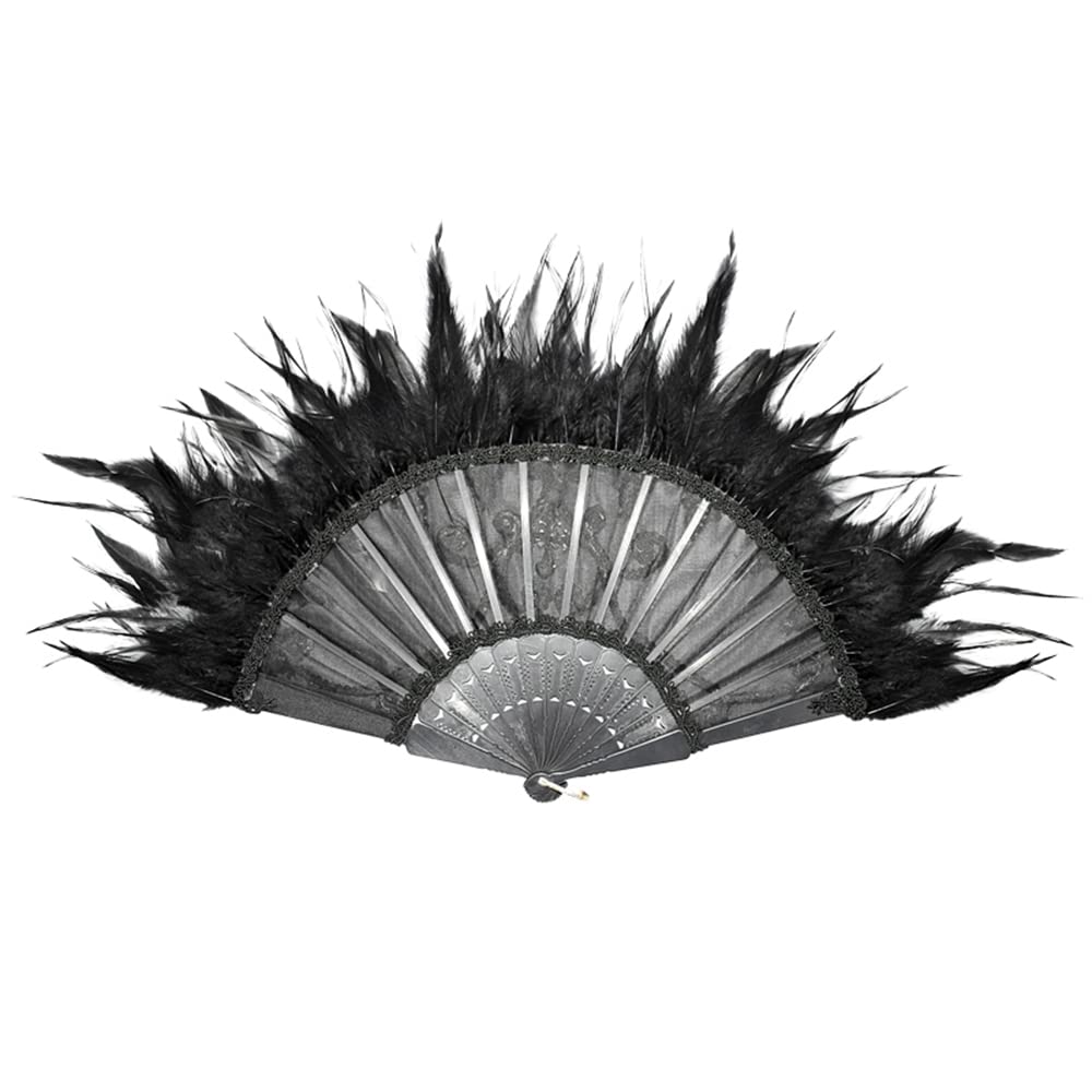 Women Hand-Cranked Webbing Gothic Feather Fan Vintage Handheld Folding Hand Fan for Costume Party Dancing Black