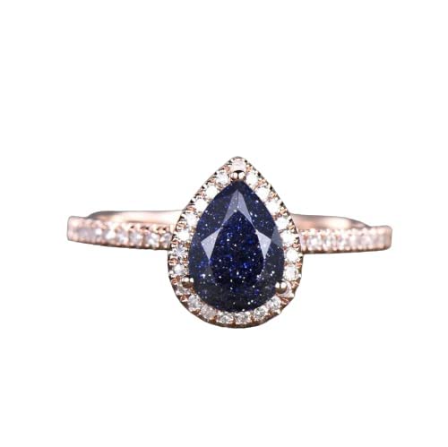 Vintage Pear shaped Blue sandstone engagement ring Rose gold diamond halo wedding ring Unique half eternity bridal ring promise gift, Gemstone, sandstone