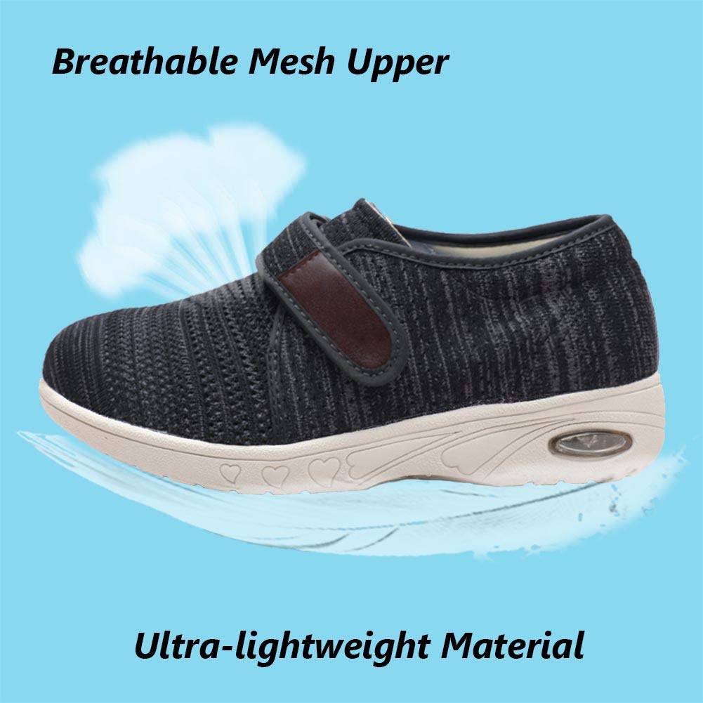 W&Le-Slippers Women's Wide Width Walking Shoes with Adjustable Closures, Air Cushion Breathable Mesh Sneakers for Elderly Diabetic Edema Swollen Feet(BK-GY,7) Black-Grey