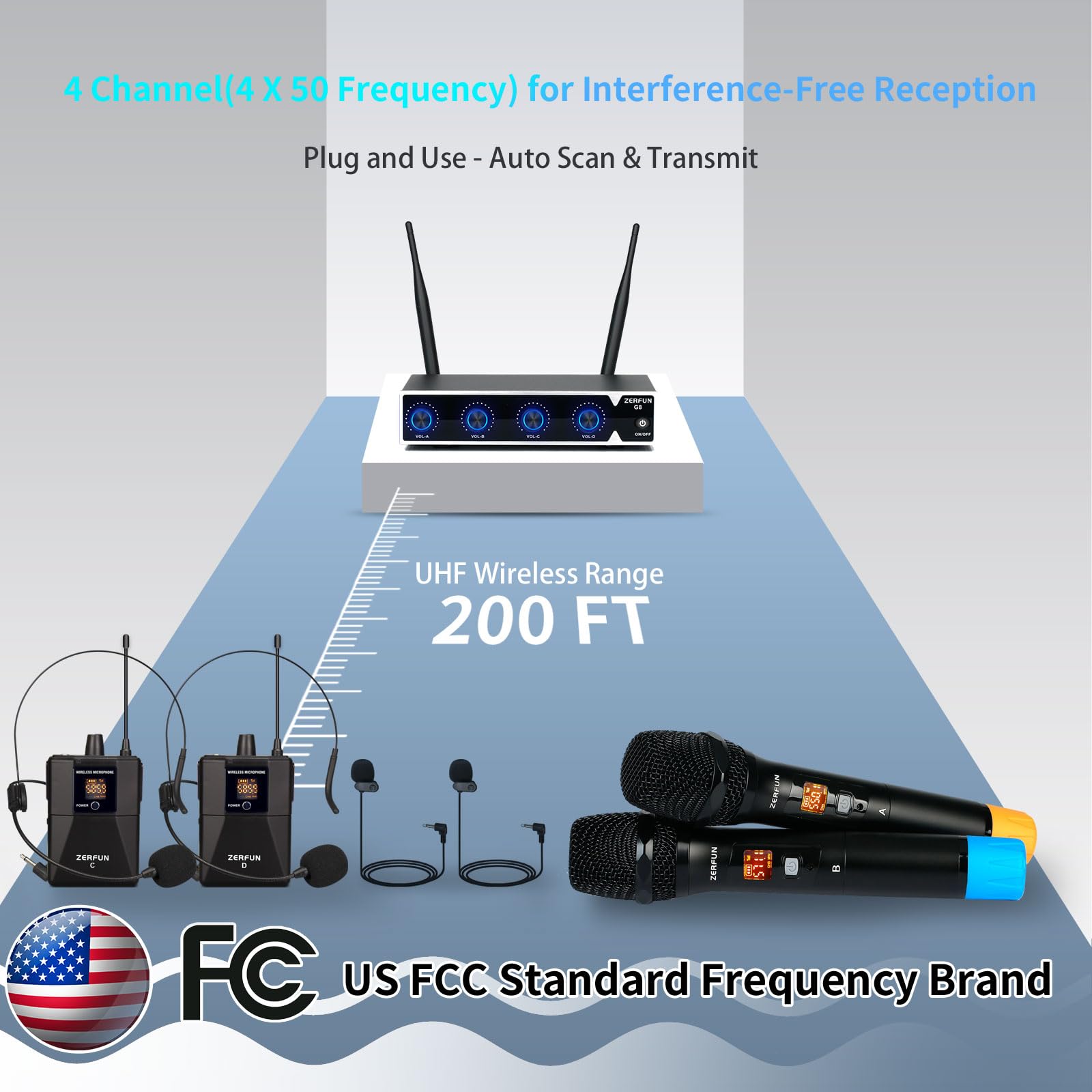 ZERFUN Pro Wireless Microphone System 4 Channel, UHF Metal Cordless Handheld Mics for Church Karaoke Singing, 4x50 Adjustable Frequency(S10 Battery 4 Handheld)