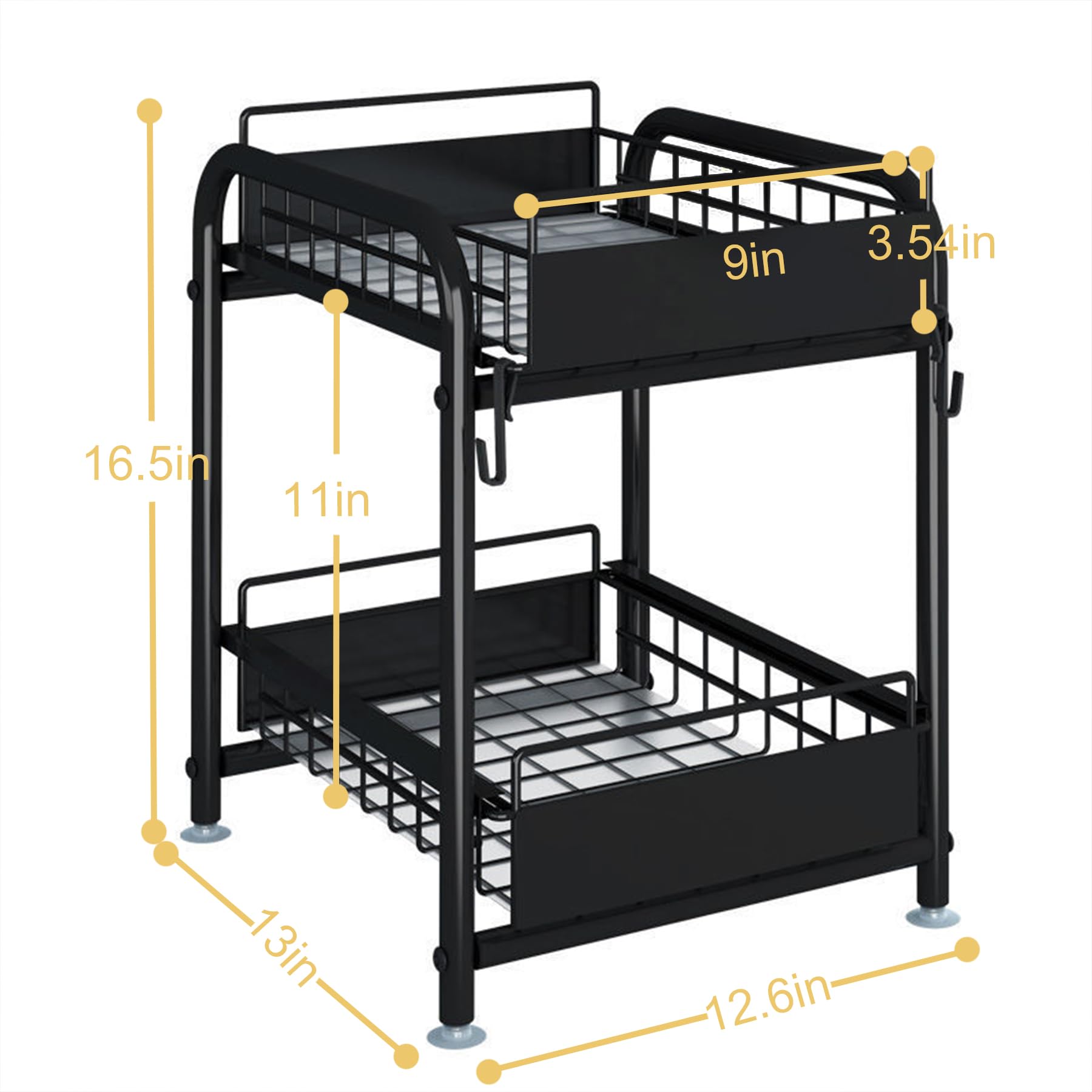 Under Sink Organizers Storage Pull Out Drawers, Metal 2 Tier Slide Out Sink Shelf Cabinet with 2 Drawers, Double Sliding Storage Shelves with Hooks Kitchen Bathroom Black