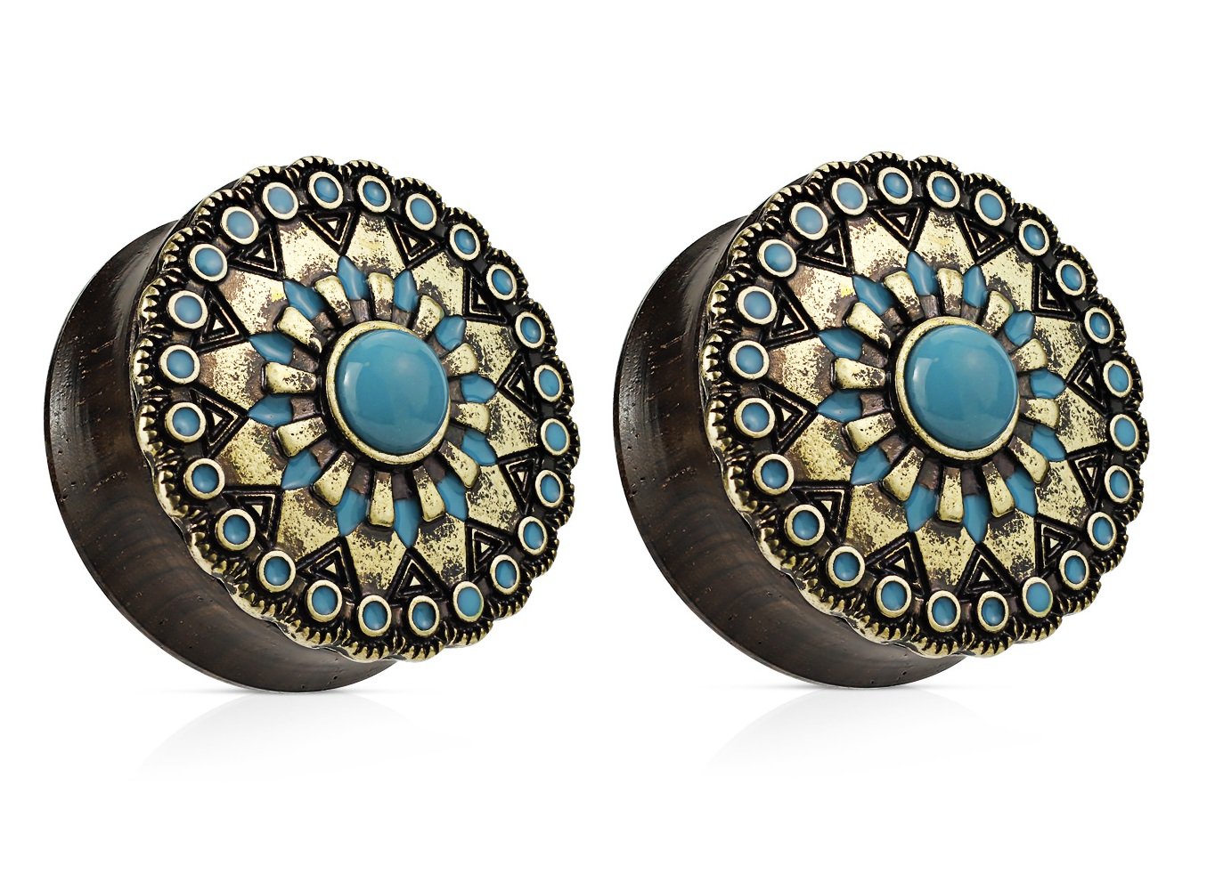 Pierced Owl Turquoise Antique Gold Plated Tribal Sun Organic Ebony Wood Double Flared Saddle Plugs, Sold as a Pair (10mm (00GA))