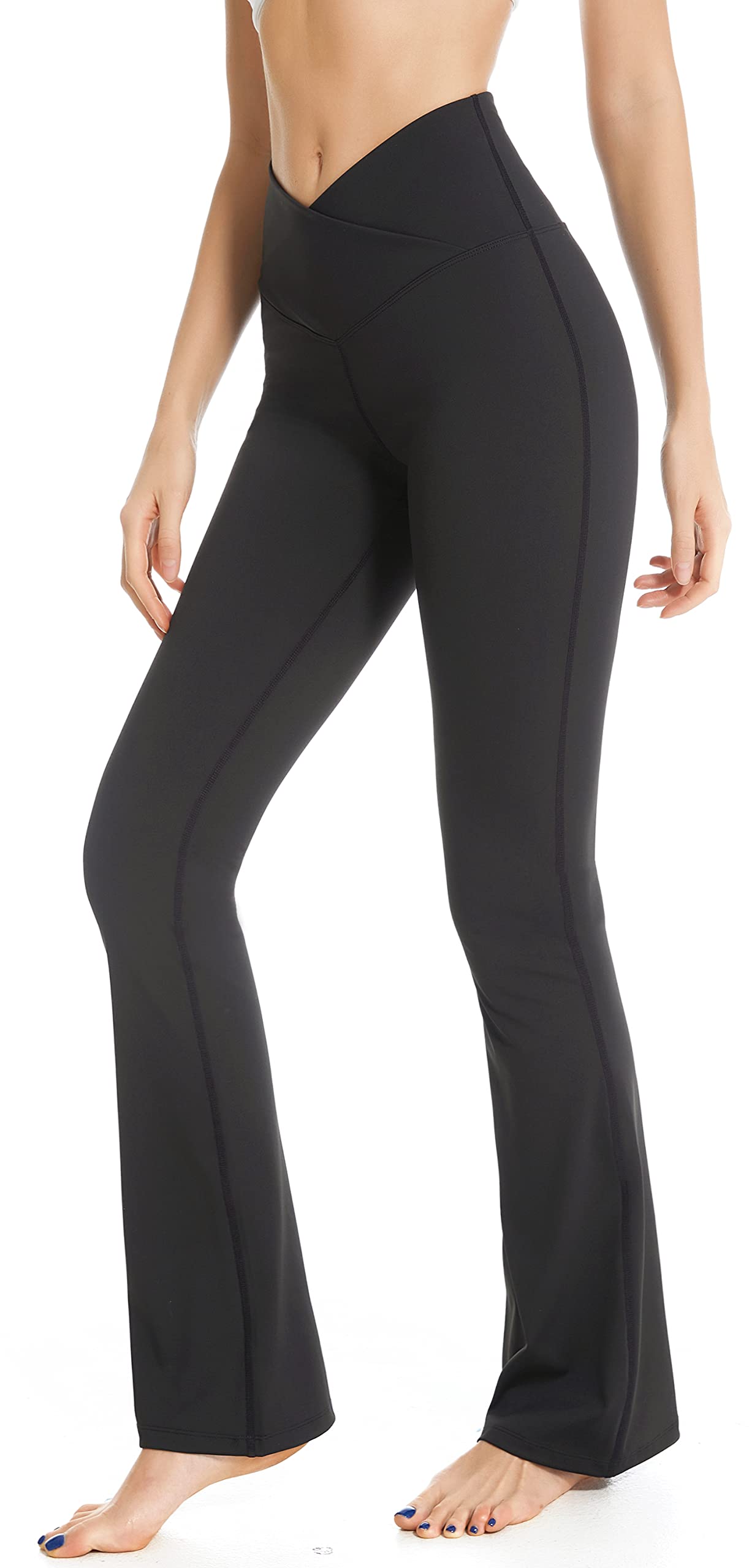 Yknktstc Womens Bootleg Yoga Pants V Crossover High Waisted Flare Workout Pants Leggings S Black