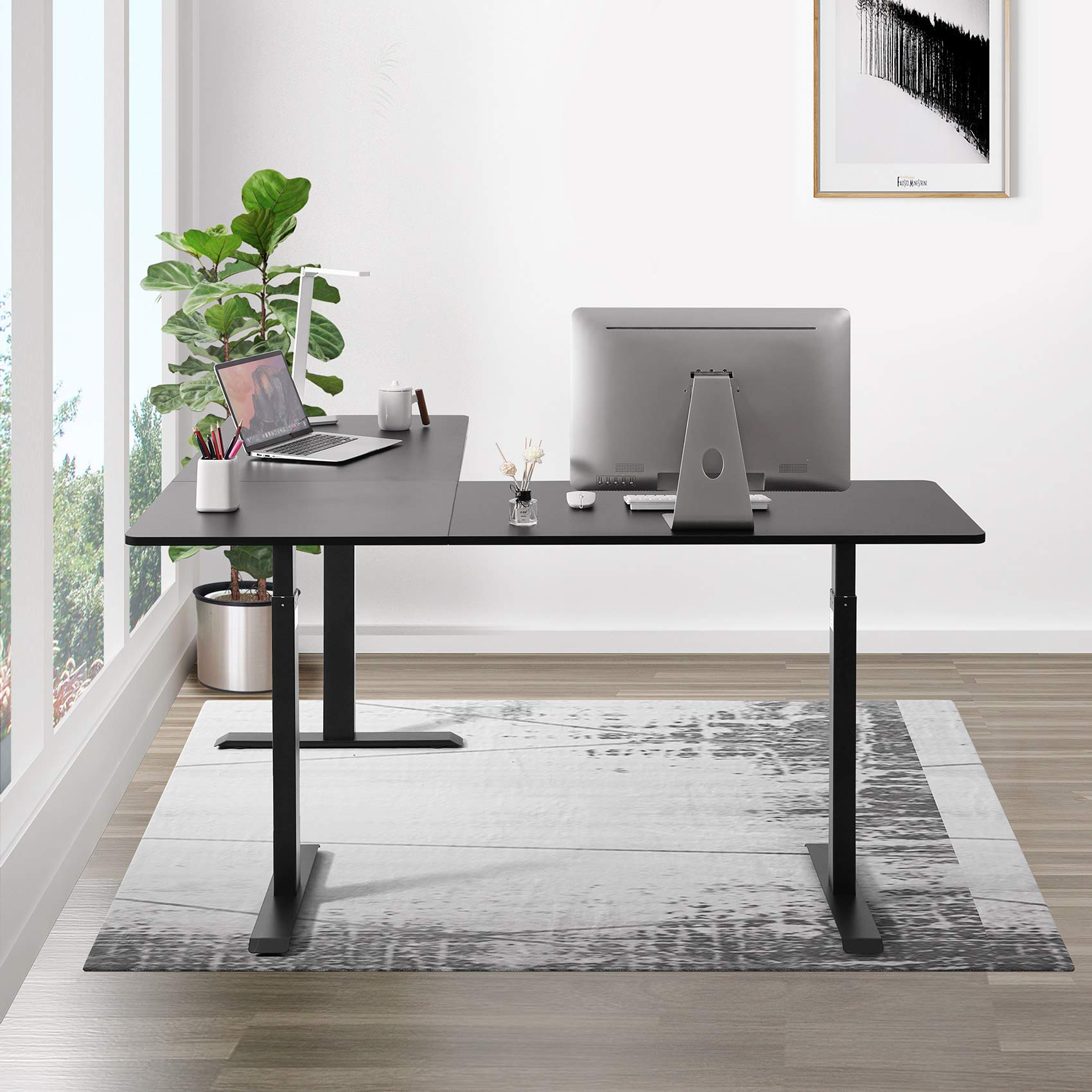 UNICOO – L Shaped Crank Height Adjustable Standing Desk, Sit to Stand up Corner Desk, L-Shaped Standing Workstation (Black Frame/Black Top - L Shape Crank)