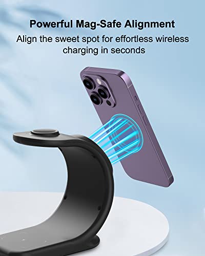 Veanpus Magsafe Charger Stand, Wireless 3 in 1 Charger with QC3.0 Adapter, Magnetic Wireless Charger Compatible with iPhone 15,14,13,12 Pro Max/Pro/Mini/Plus, iWatch se/8/7/6/5/4/3/2, AirPods(Black)