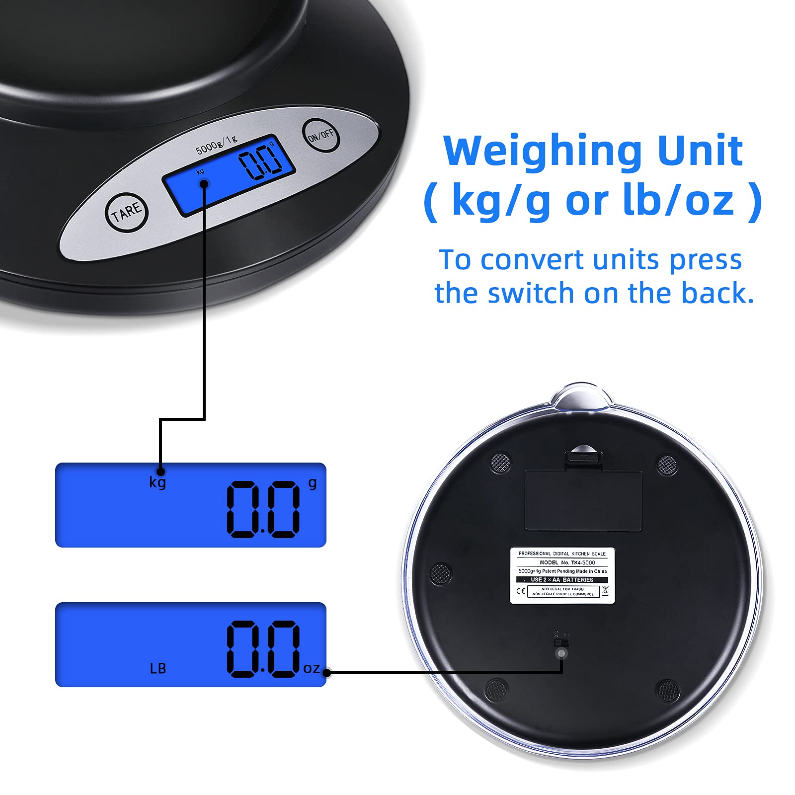 THINKSCALE Digital Kitchen Scale, Highly Accurate 5000g/11lb x 0.1oz, Food Scale for Cooking, Baking and Weight Loss, Kitchen Scale with Bowl 2 Modes and Tare Features, Back-lit LCD Display