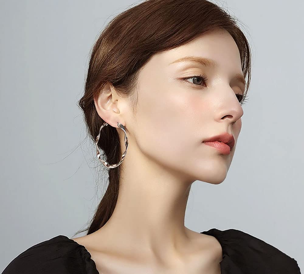 Twisted Open Hoop Earrings Lightweight High Polished Round Earrings with 925 Sterling Silver Post For Ladies As Gift
