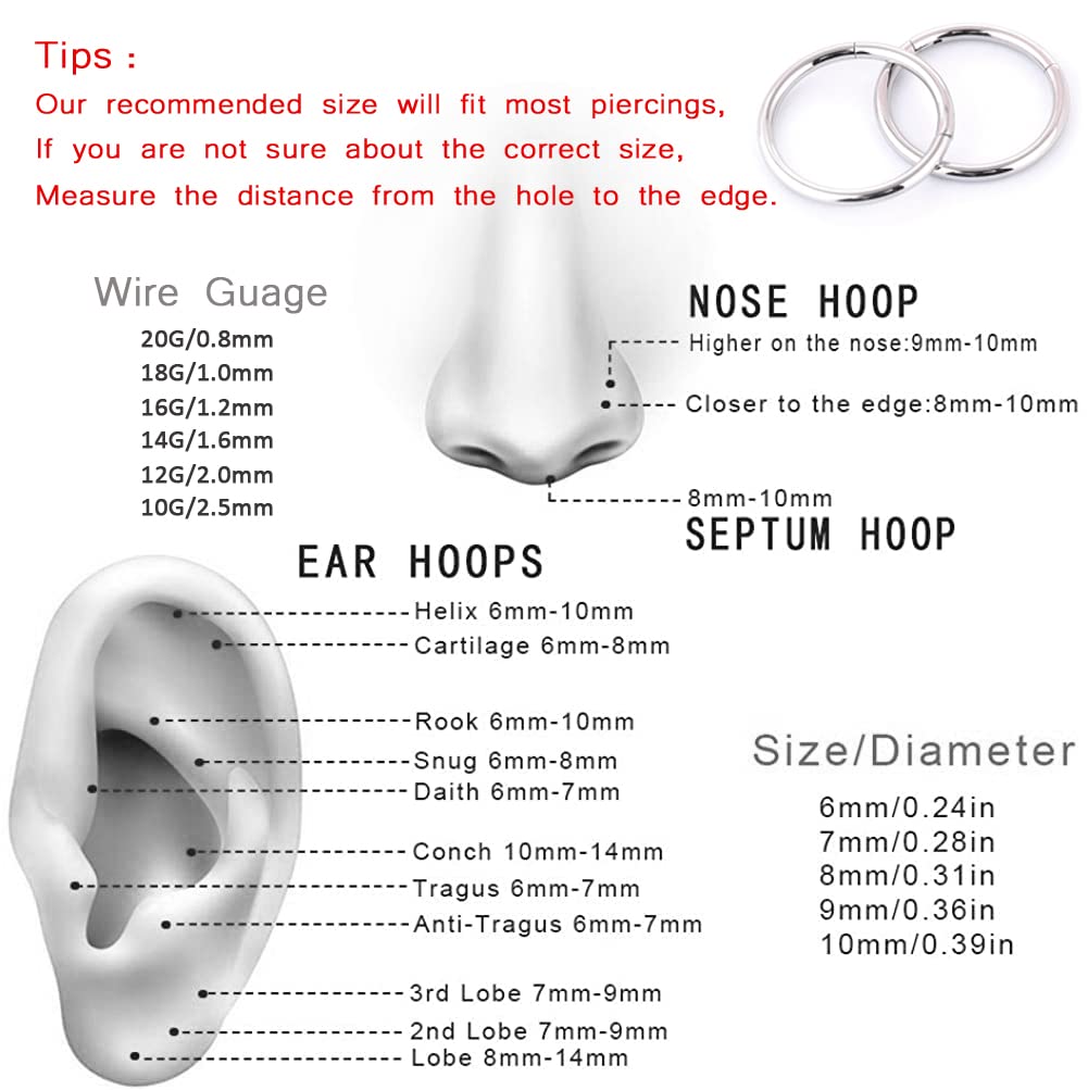 Silver Nose Rings Hoops for Women Hypoallergenic Titanium Surgical Stainless Steel Cute Hinged Clicker 16G 8mm Small for Tragus Helix Conch Daith Piercing Jewelry