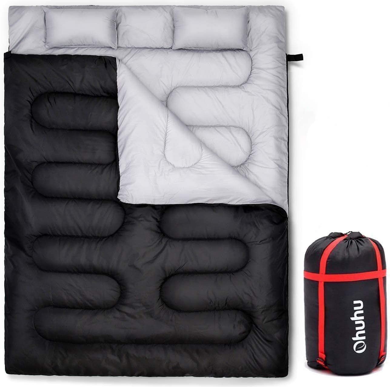 Sleeping Bags for Adults 2 Person, Ohuhu Double Sleeping Bags for Adults with 2 Pillows Fall Winter Cold Weather Waterproof Queen Sleeping Bag for Family Kids Teen Outdoor Camping Hiking Backpacking