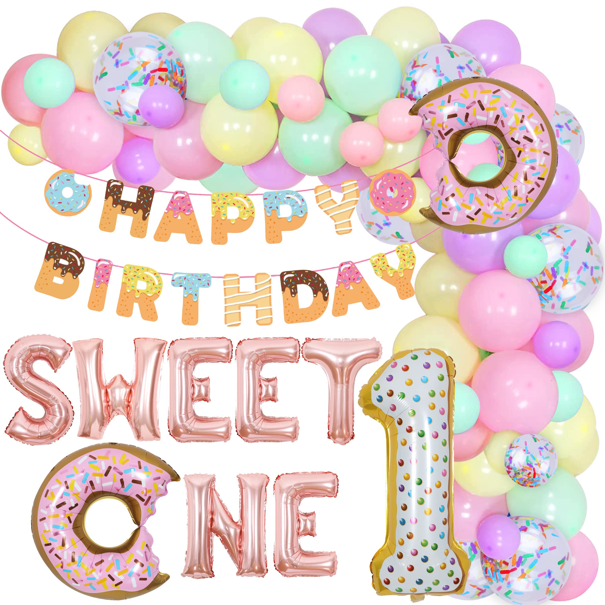 Sweet One Donut Birthday Party Decorations for Girls Donut 1st Birthday Pink Macaron Pastel Balloon Garland Arch Kit for Doughnut 1st Birthday Party Decor with Happy Birthday Banner