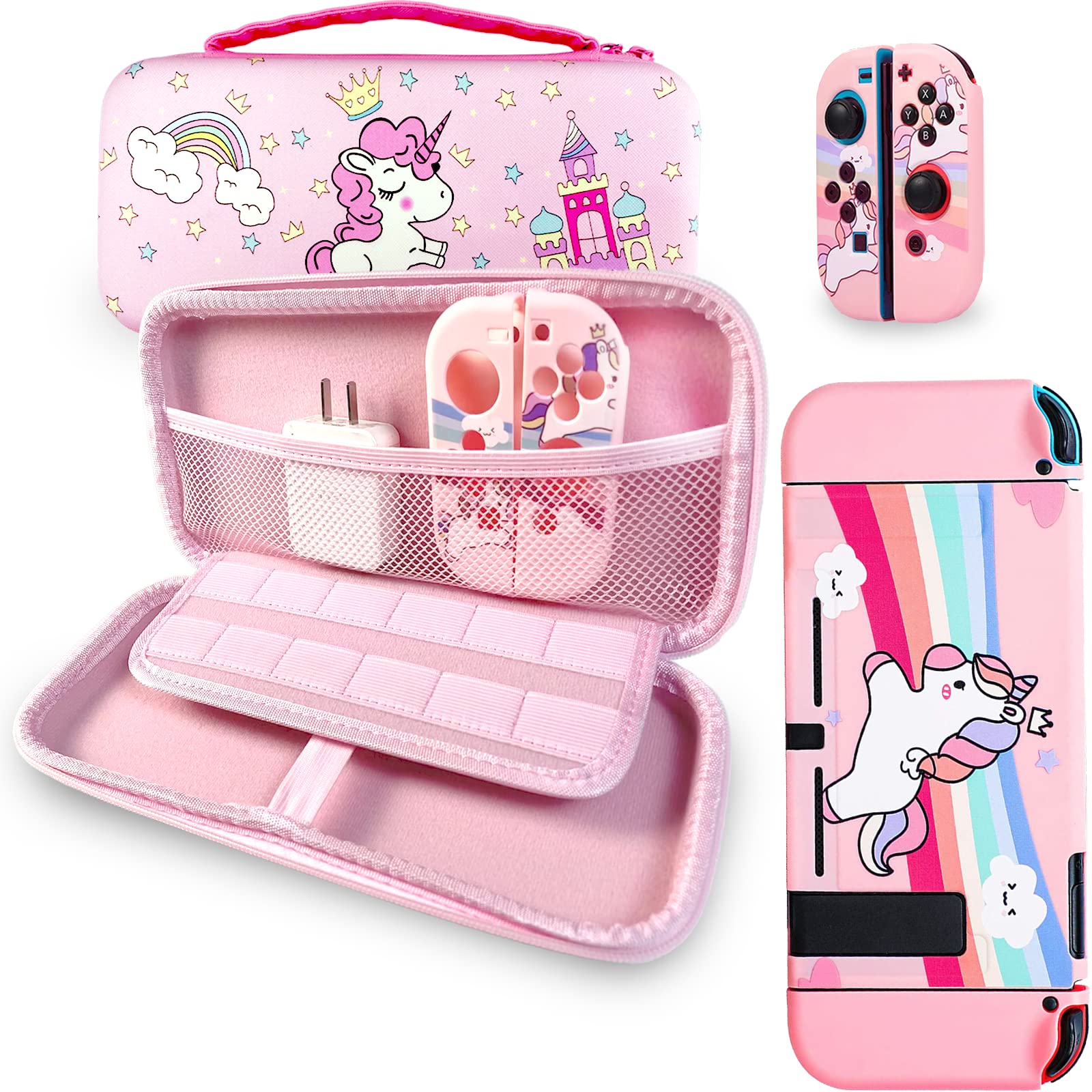 Yocvikey Hard Carrying Case Kit for Nintendo Switch, Unicorn Portable Travel Bag with TPU Protective Case Soft for Nintendo Switch, 12 Game Card Slots & Mesh Pocket to Store All Accessories