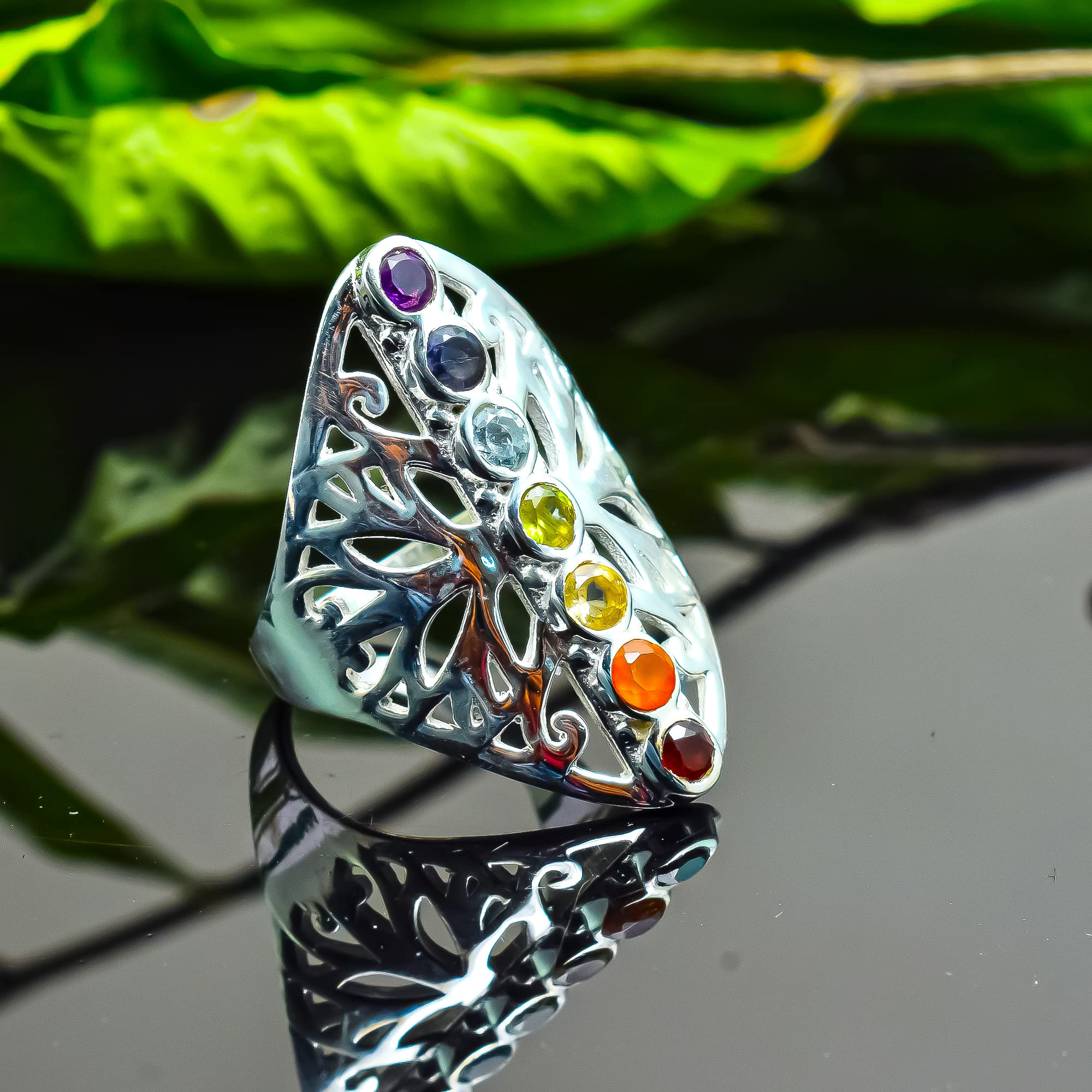 Silver Palace Healing Chakra Gemstone 925 Sterling Silver Long Finger Ring For Women Ring Size 5 to 12