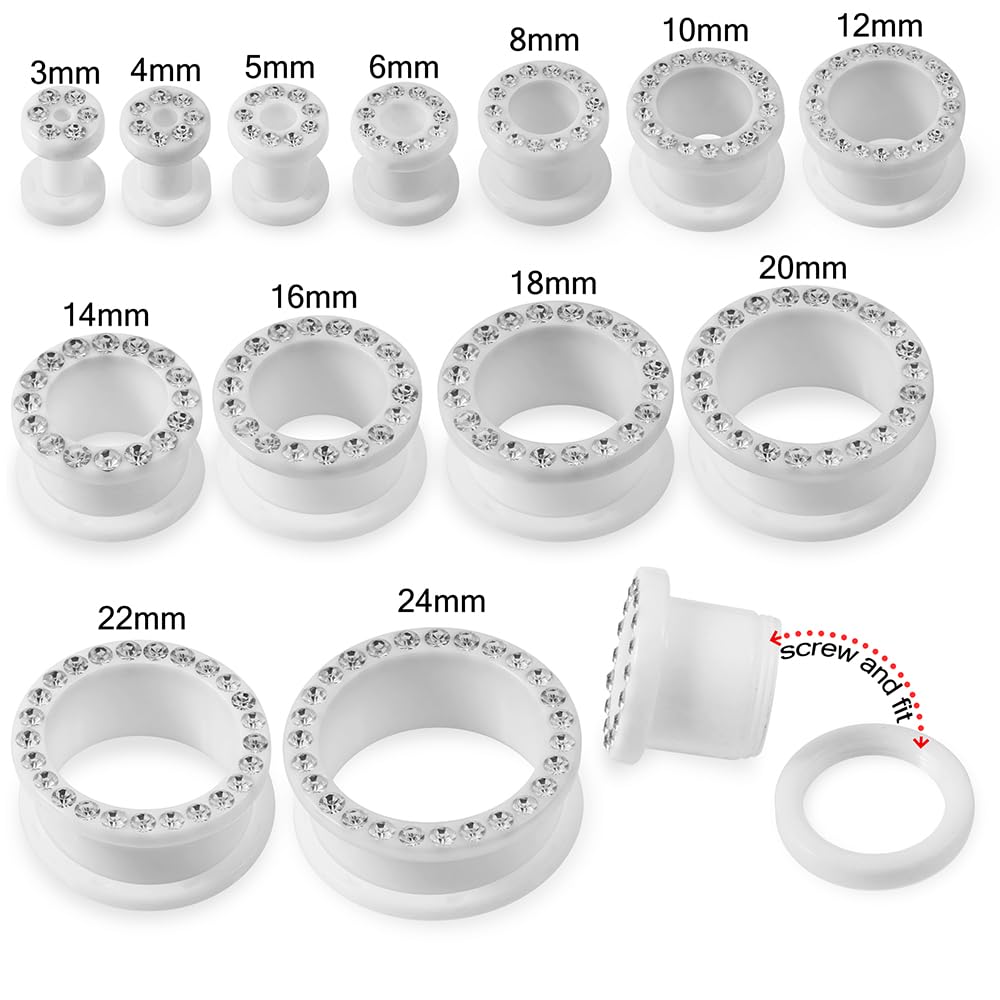 PiercingPoint 1 Piece of 00 Gauge - 10mm Multi Clear Crystal Stone Setting on White Acrylic Ear Gauge Flesh Tunnel