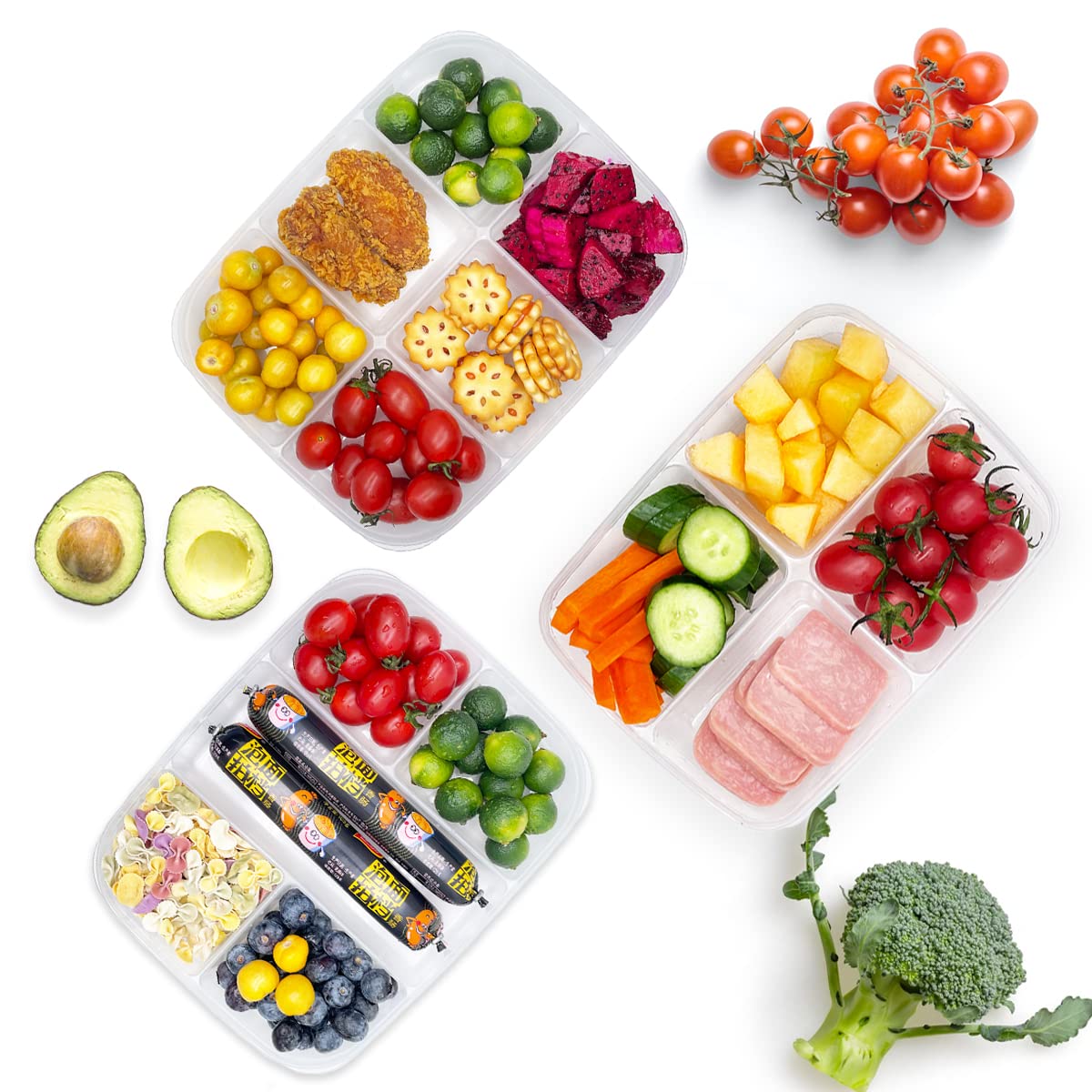 TeTeBak Bento Box - 6-Compartment Reusable Bento Lunch Box for School, Work, and Travel, Food Prep Containers, Snack Containers for Kids, Portion Control Bento Lunch Box for adult, Set of 2, Clear
