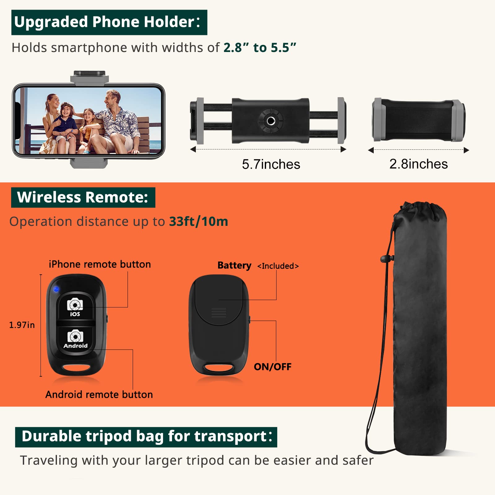 Torjim 74” Camera Tripod with Travel Bag, Extendable Cell Phone Tripod Stand with Wireless Remote and Phone Holder, Compatible with All Cameras/iPhone/Android/Sport Camera