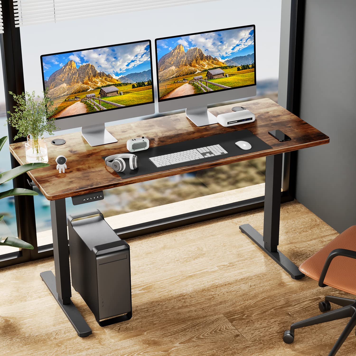 Sweetcrispy Height, 23.62" D x 55.12" W x 30" H Electric 3 Memory Presets Adjustable Stand T-Shaped Bracket, Ergonomic Computer Desk for Home Office, Rustic Brown, 55in