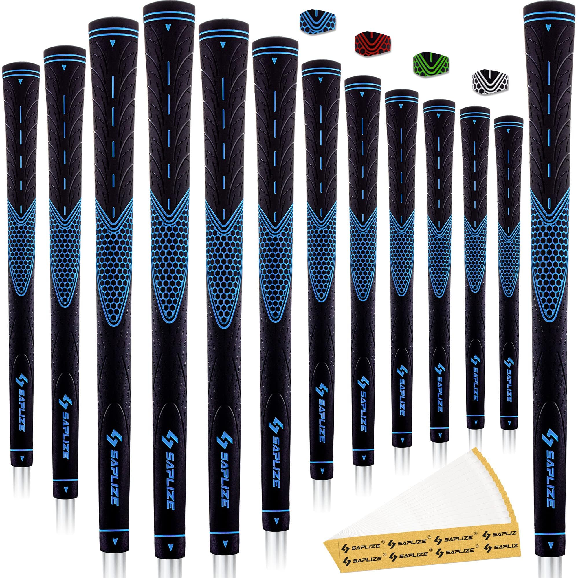 SAPLIZE Classic Rubber Golf Grips 13 Pack, High Feedback, Non-Slip, 13 Grips with 15 Tapes, Midsize, Blue, CC01 Series