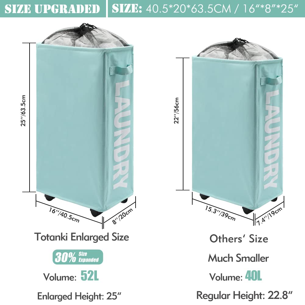 TOTANKI 25" Rolling Slim Laundry Basket on Wheels, Foldable Laundry Hamper with Handle, Collapsible Laundry Sorter and Organizer, Tall Storage Basket Bin (Light Blue)