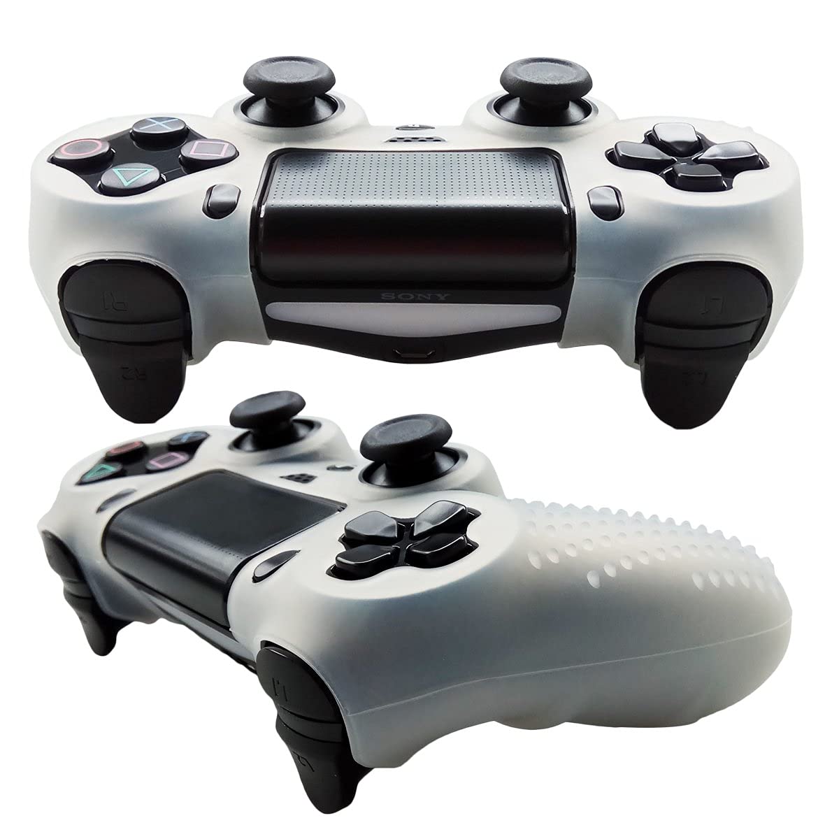 Pandaren PS4 Controller Grips for PS4 Video Games Controllers Studded Anti-Slip Silicone Cover Skin Set Compatible for PS4 /Slim/PRO Controller(White Controller Skin x 1 + FPS PRO Thumb Grips x 8)
