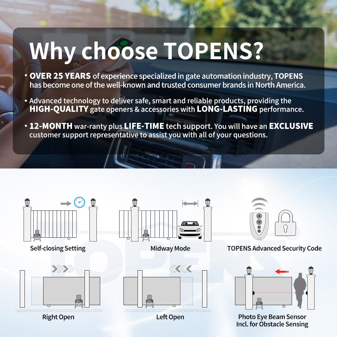 TOPENS CK2600 Automatic Sliding Gate Opener Chain Drive Industrial Commercial 1-1/4 HP Gate Motor for Heavy Driveway Slide Gates Up to 5700 Pounds, AC Powered with 20ft Roller Chain and Remote Control
