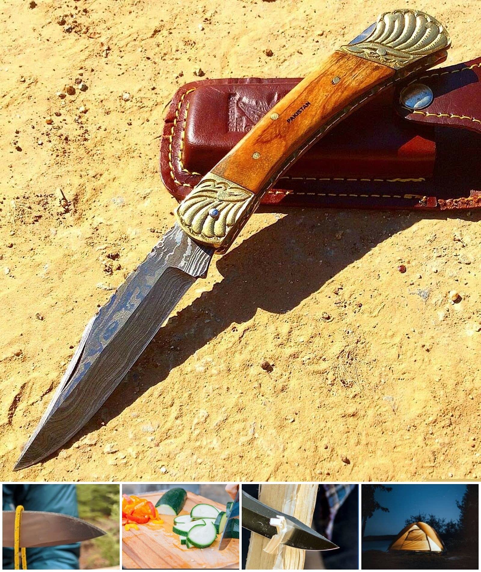 Theboneedge 8" Damascus Blade Open Folding Pocket Knife Wood Gold Trim Hand Made With Sheath Outdoor Survival Hunting Knife for Camping by Survival Steel