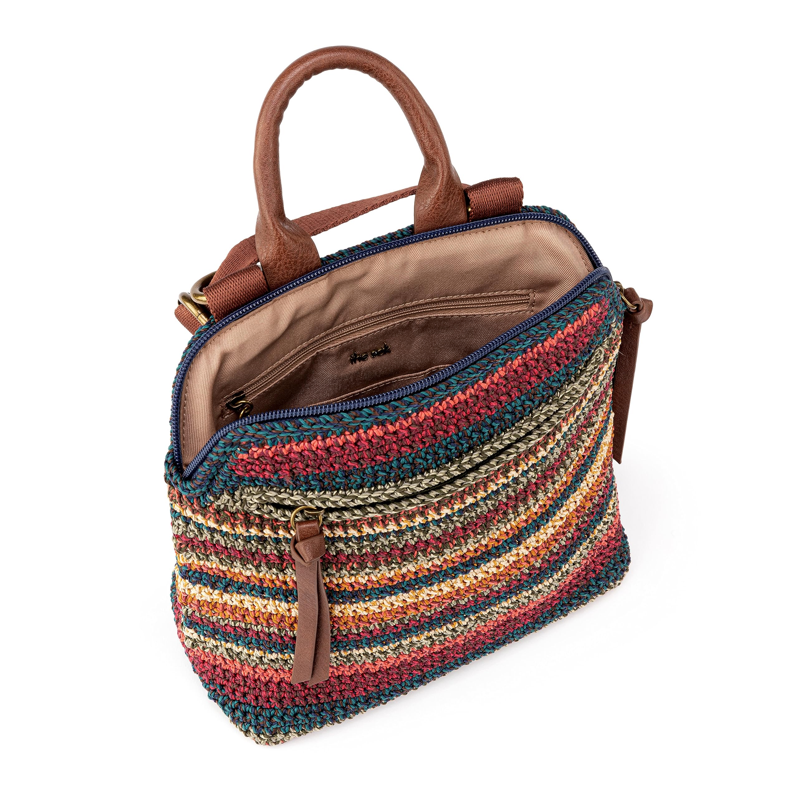 The Sak Loyola Mini Convertible Backpack in Crochet, Adjustable Convertible Strap, Woodland Stripe
