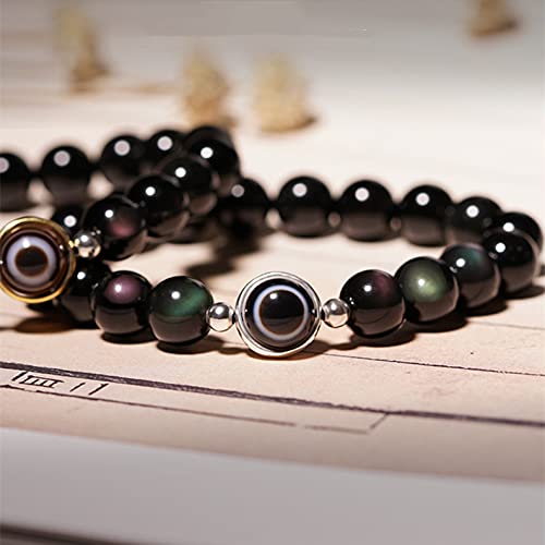 weweno Evil Eye Bracelet 10mm Crystal Bracelet Unisex Feng Shui Black Obsidian Wealth Bracelet (silver)