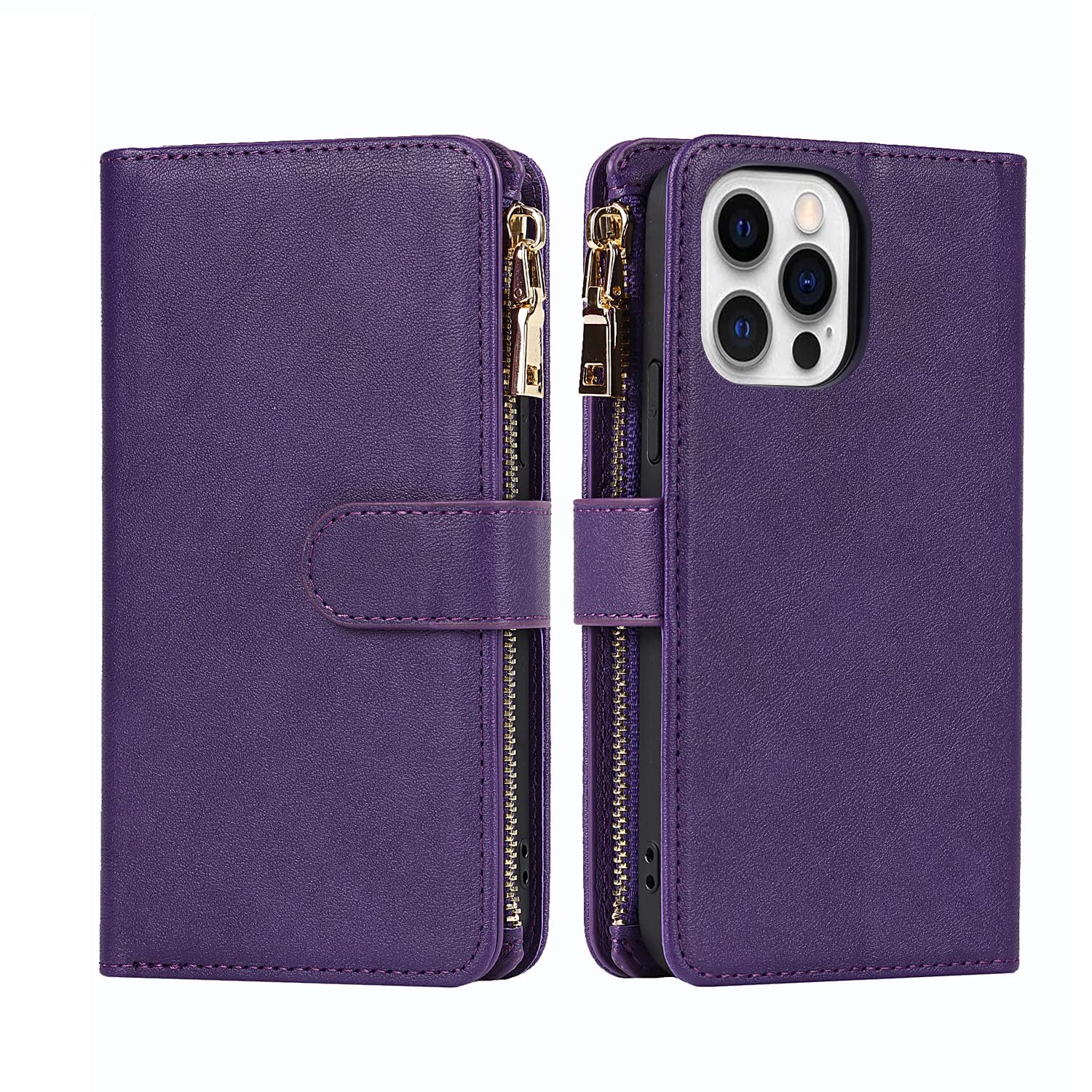 SailorTech Wallet Phone Case Design for iPhone 14 Pro 9 Card Holder 1 Zipper Coin Wallet 2 Cash Slot Kickstand Lanyard Flip Leather Cover Purple