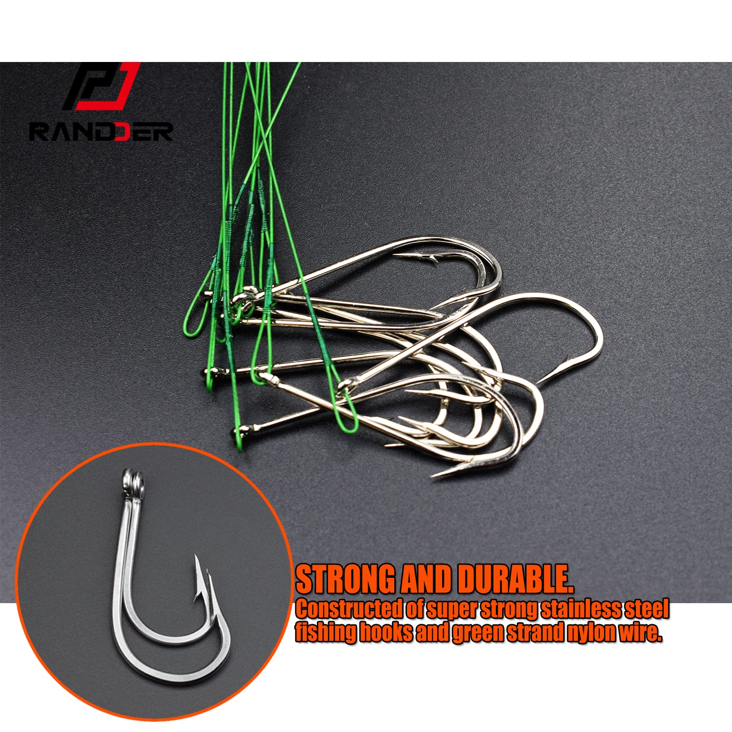 RANDDER Fishing Hook Snelled Nylon Wire Leader Stainless Steel Fishing Rigs Hooks (Nylon Wire(Pack of 10))